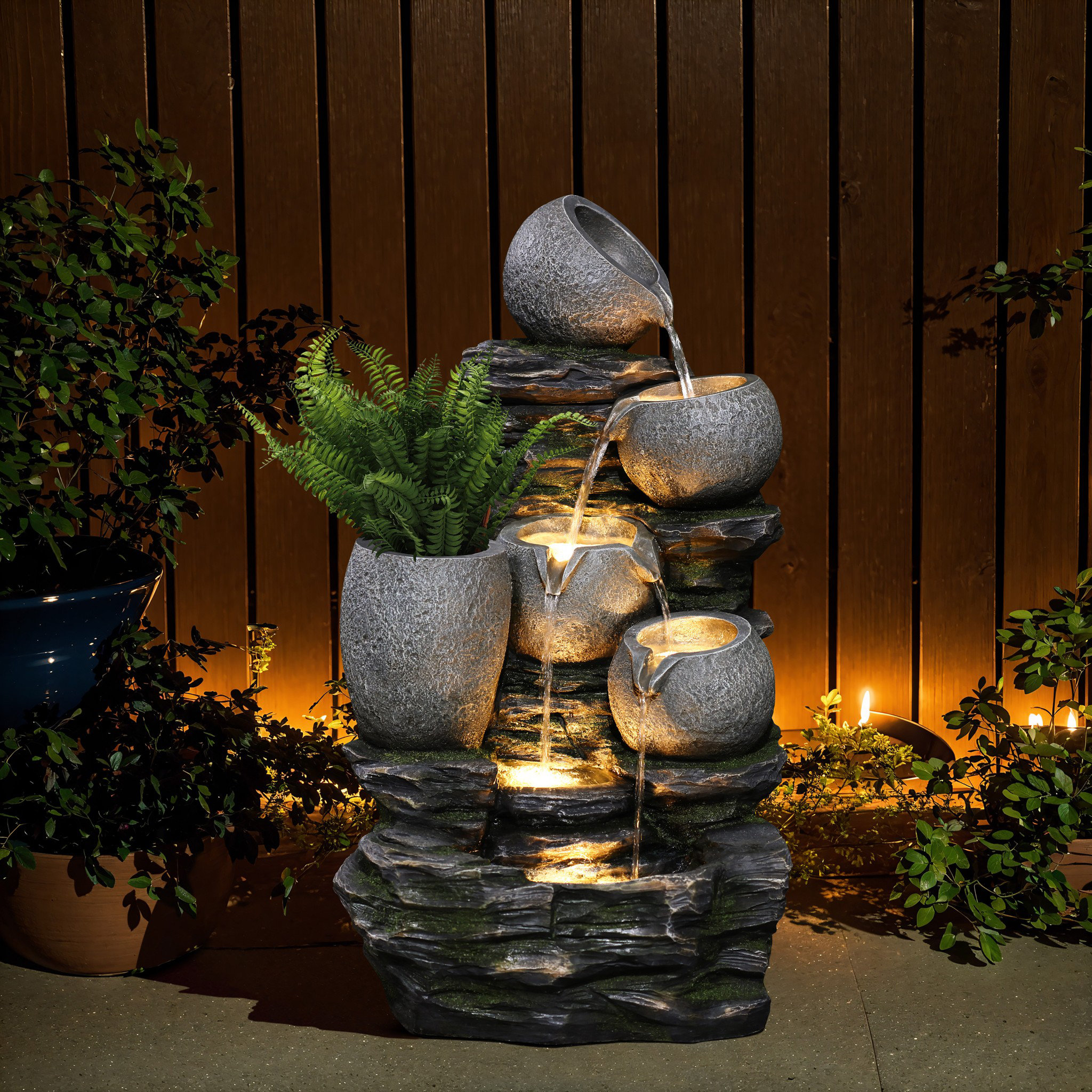 Loon Peak® 3-Tier Gray Pots on Stacked Rocks 2.5-Feet Tall Outdoor ...