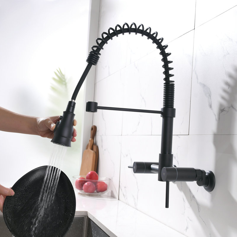 Felixbath Wall Mounted Pull Down Bridge Kitchen Faucet With Double ...