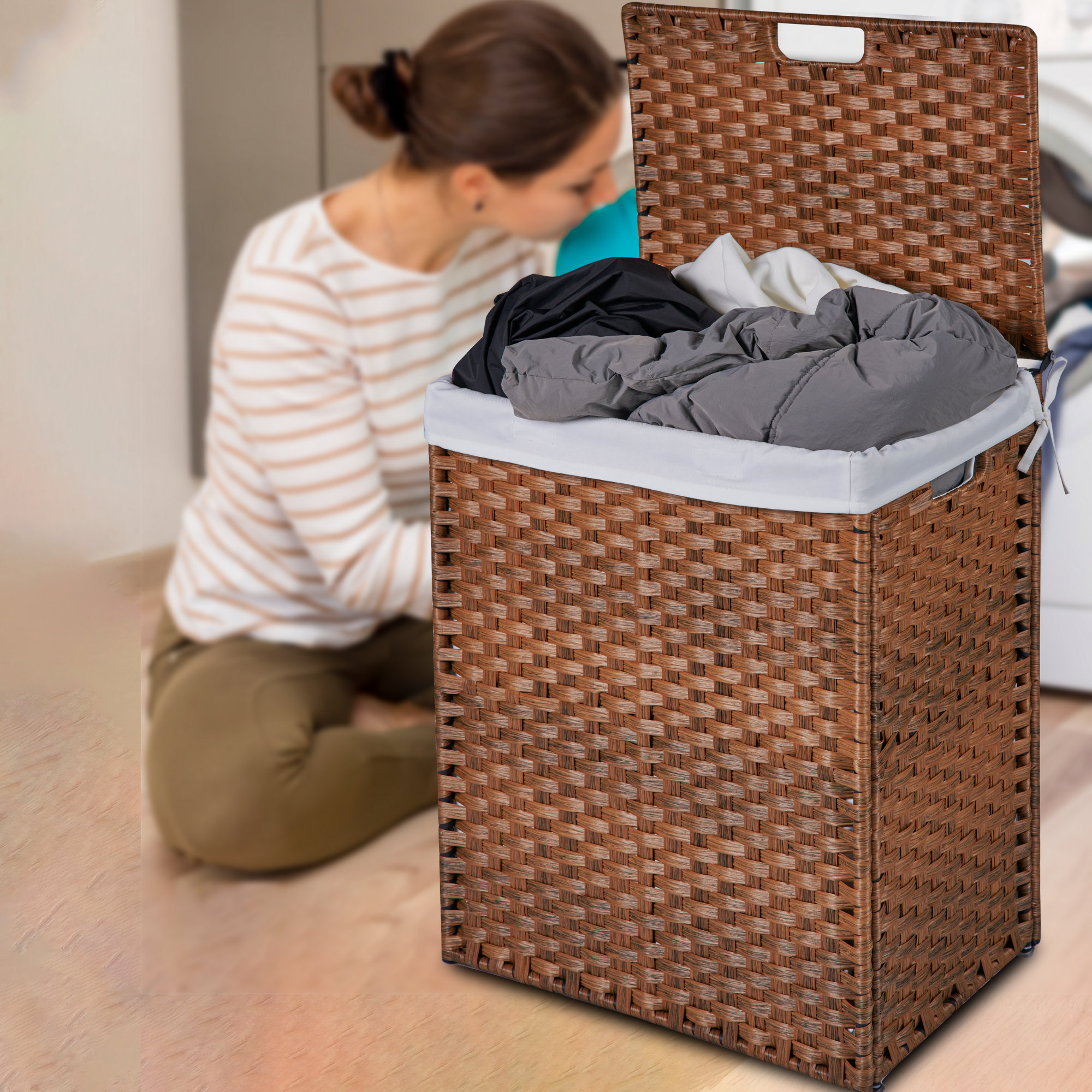 Bay Isle Home™ Laundry Hamper With Lid PE Rattan Powder Coating Frame ...