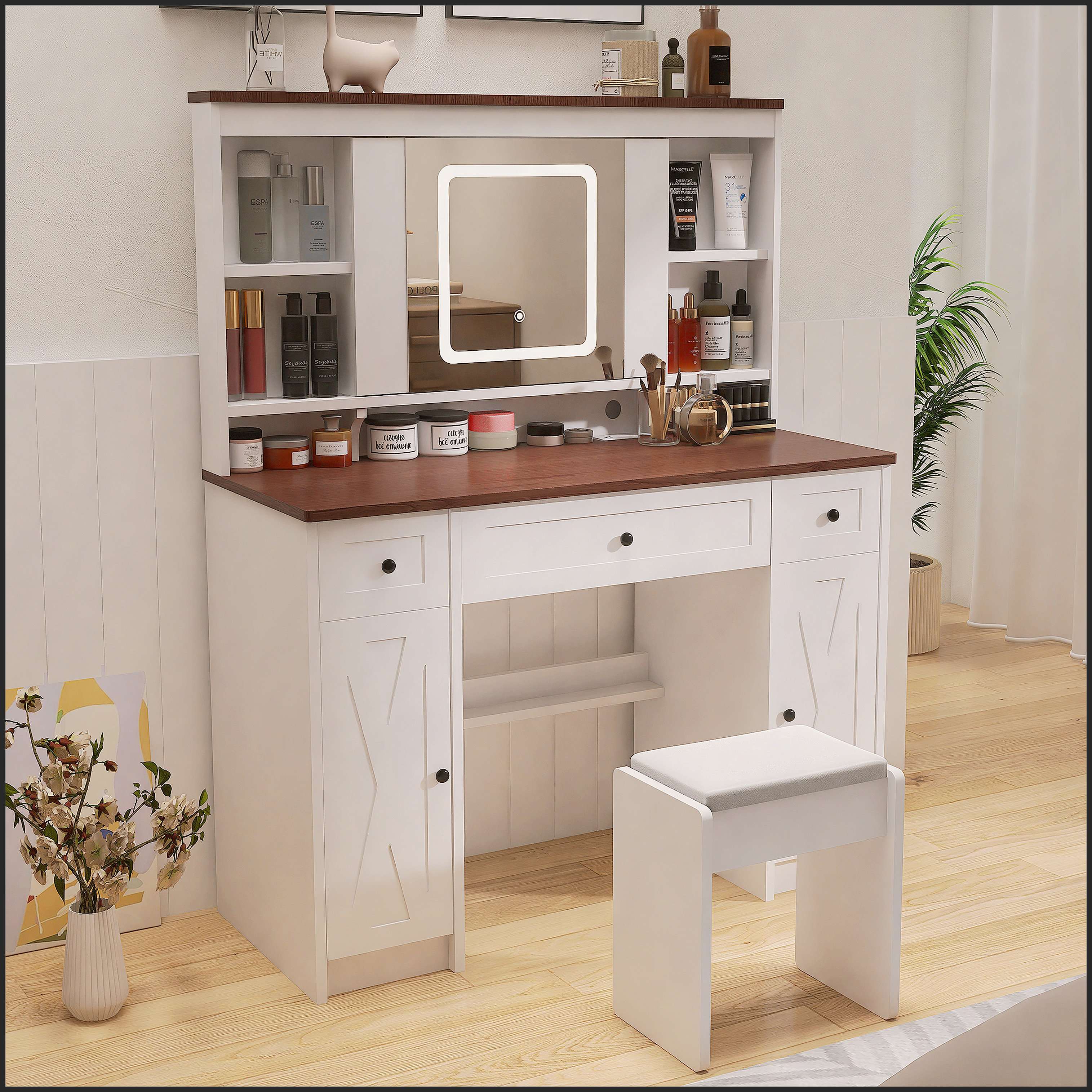 Latitude Run® Farmhouse Vanity Desk with Sliding Mirror,Lights and ...