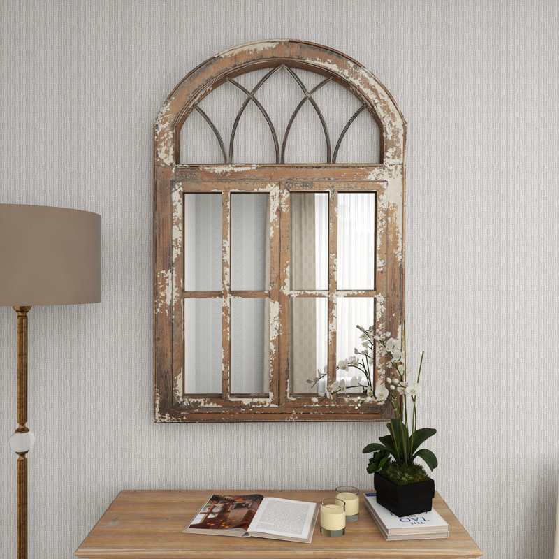 Birch Lane™ Mabank Wood Arched Window Pane Brown Wall Mirror with Cream ...