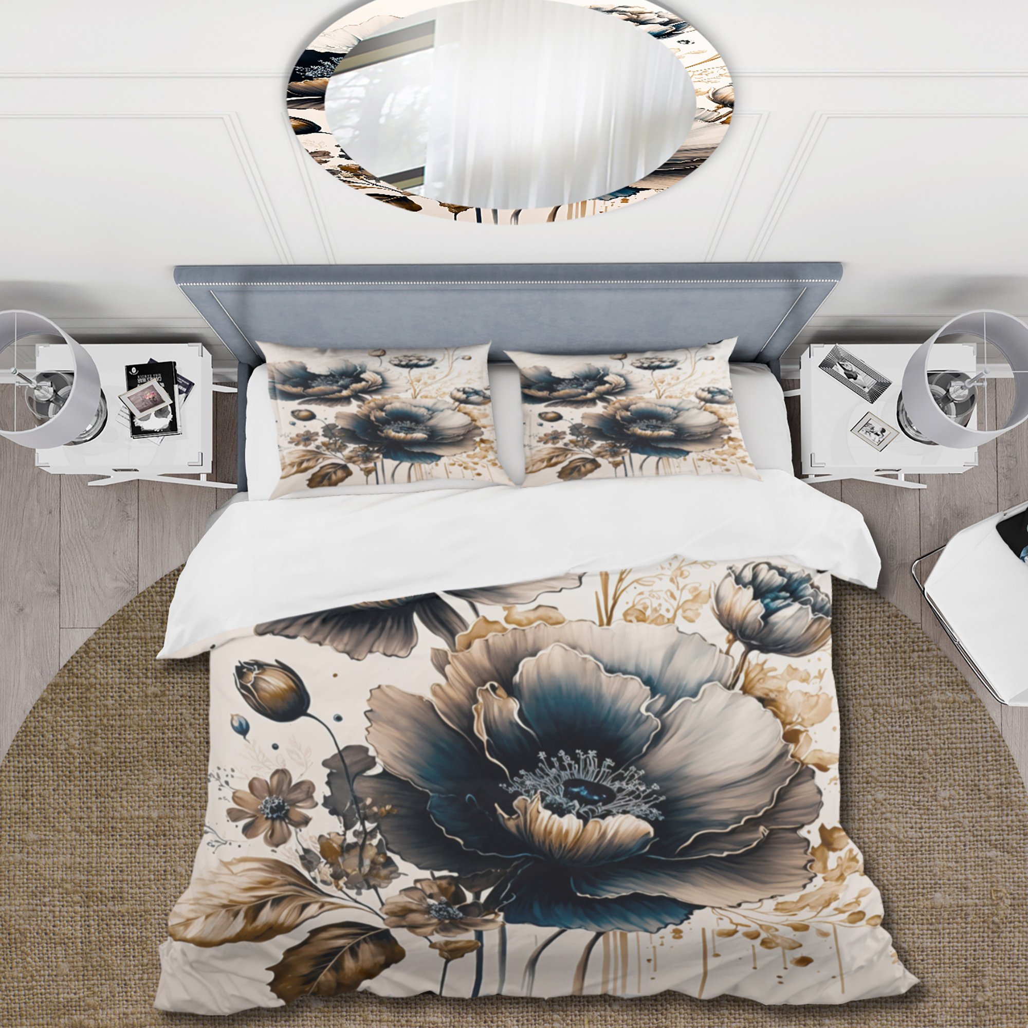 Design Art Navy Blue And Gold Poppy Flowers I - Floral Poppy Duvet ...
