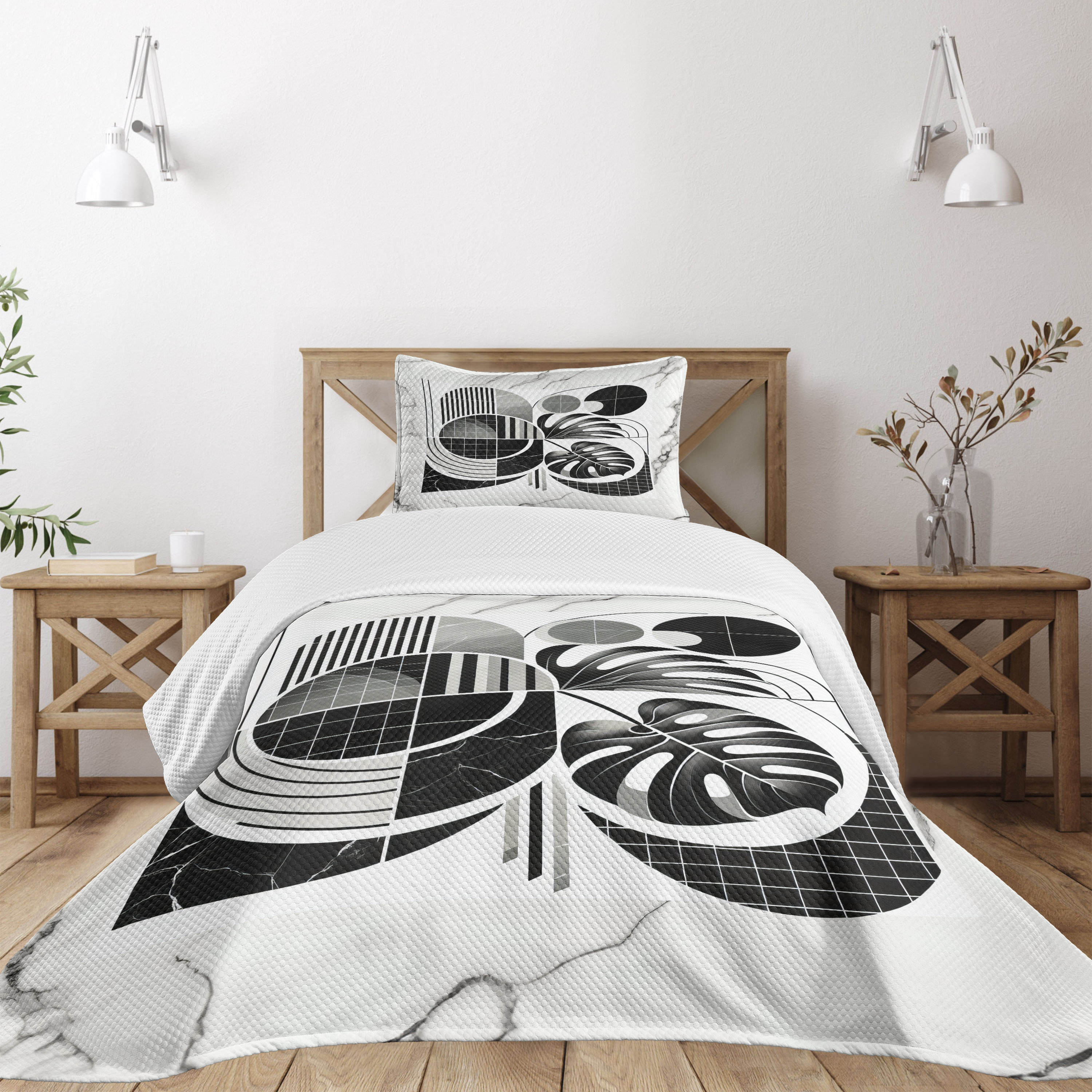 Ambesonne Black and White Bedspread Set Mid Century Leaf Grey Coconut ...