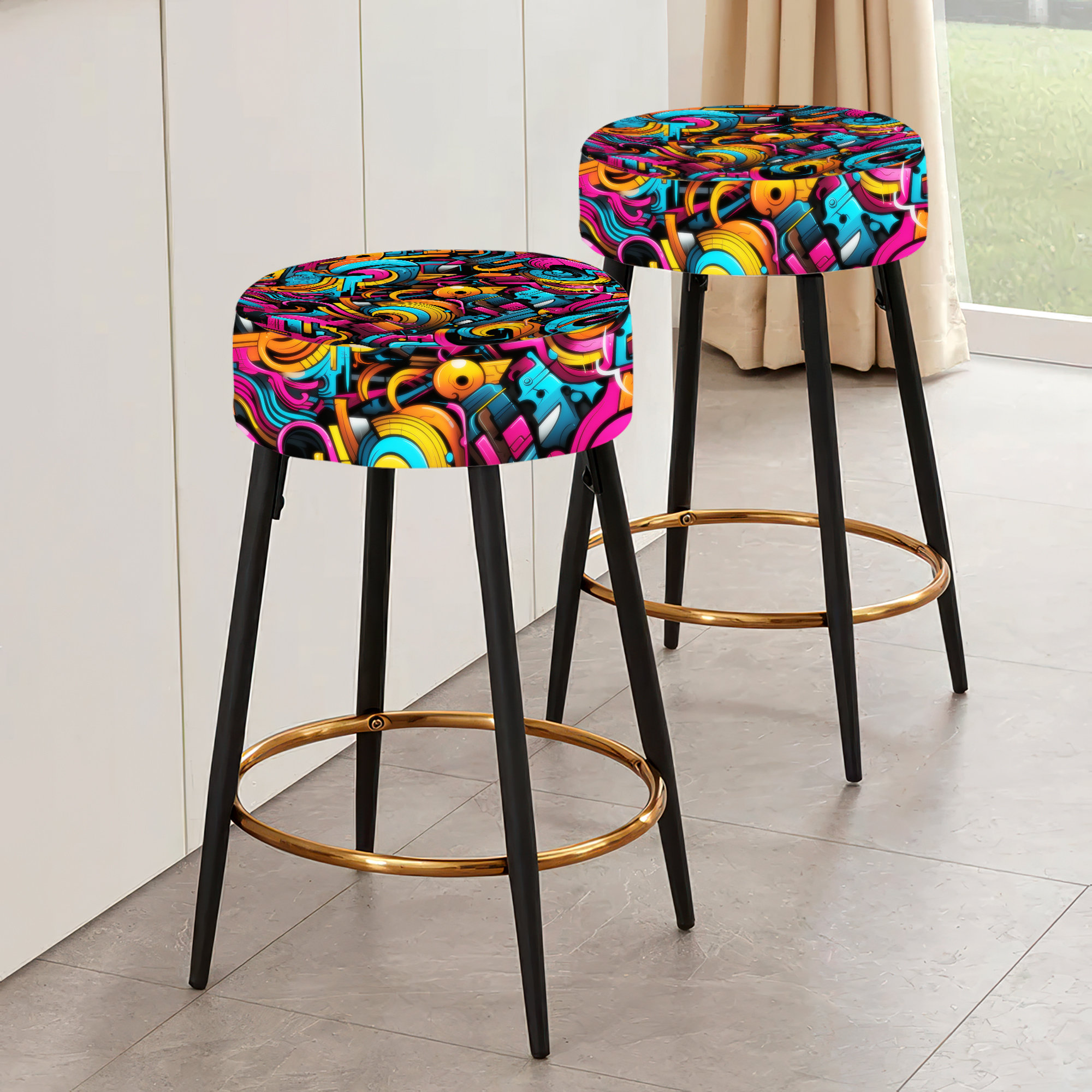 Design Art Poupart Neon Graffiti Fusion - Geometric Bar Stools Set Of 2 ...