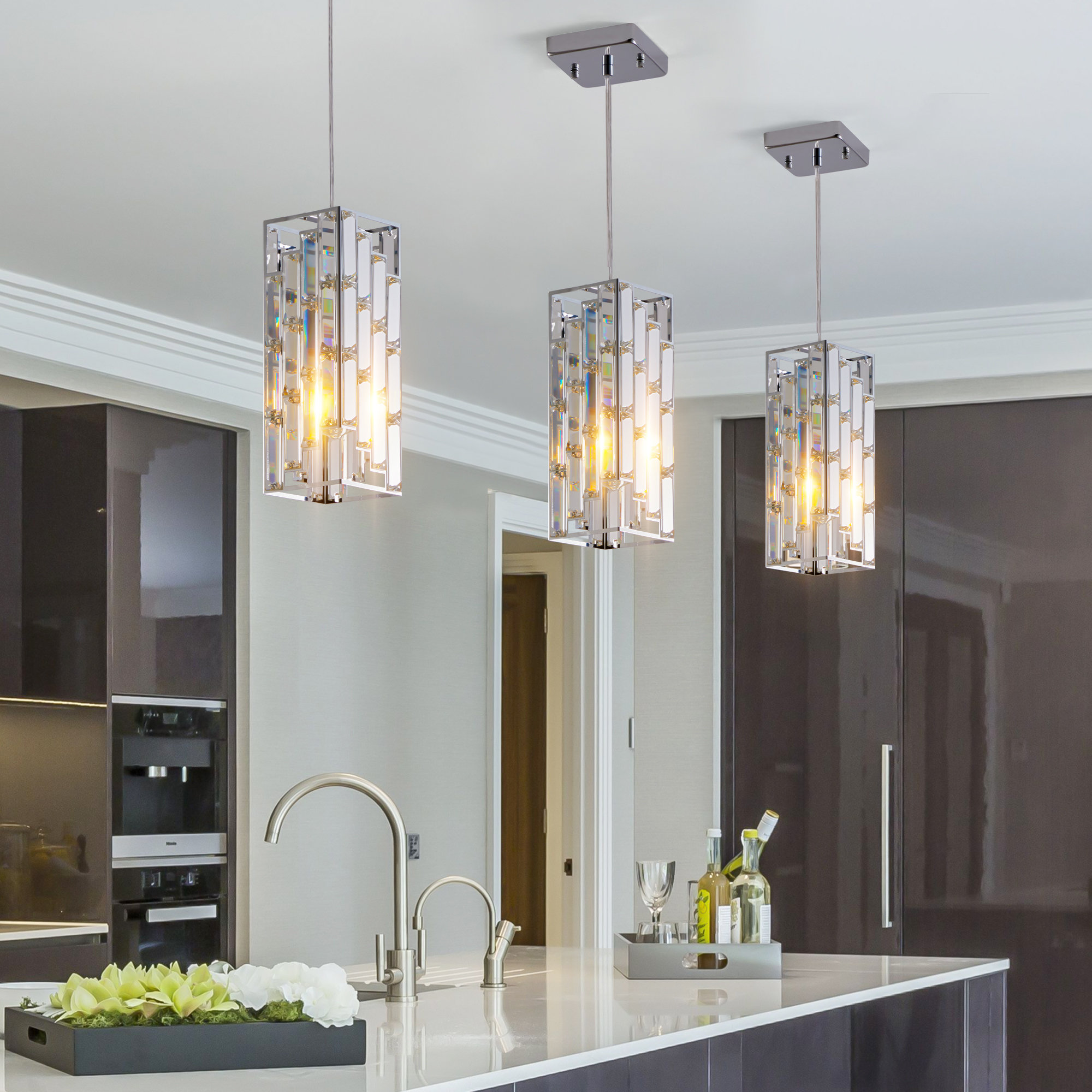 Mercer41 Adjustable Crystal Design Chrome Pendant Lights For Dining ...