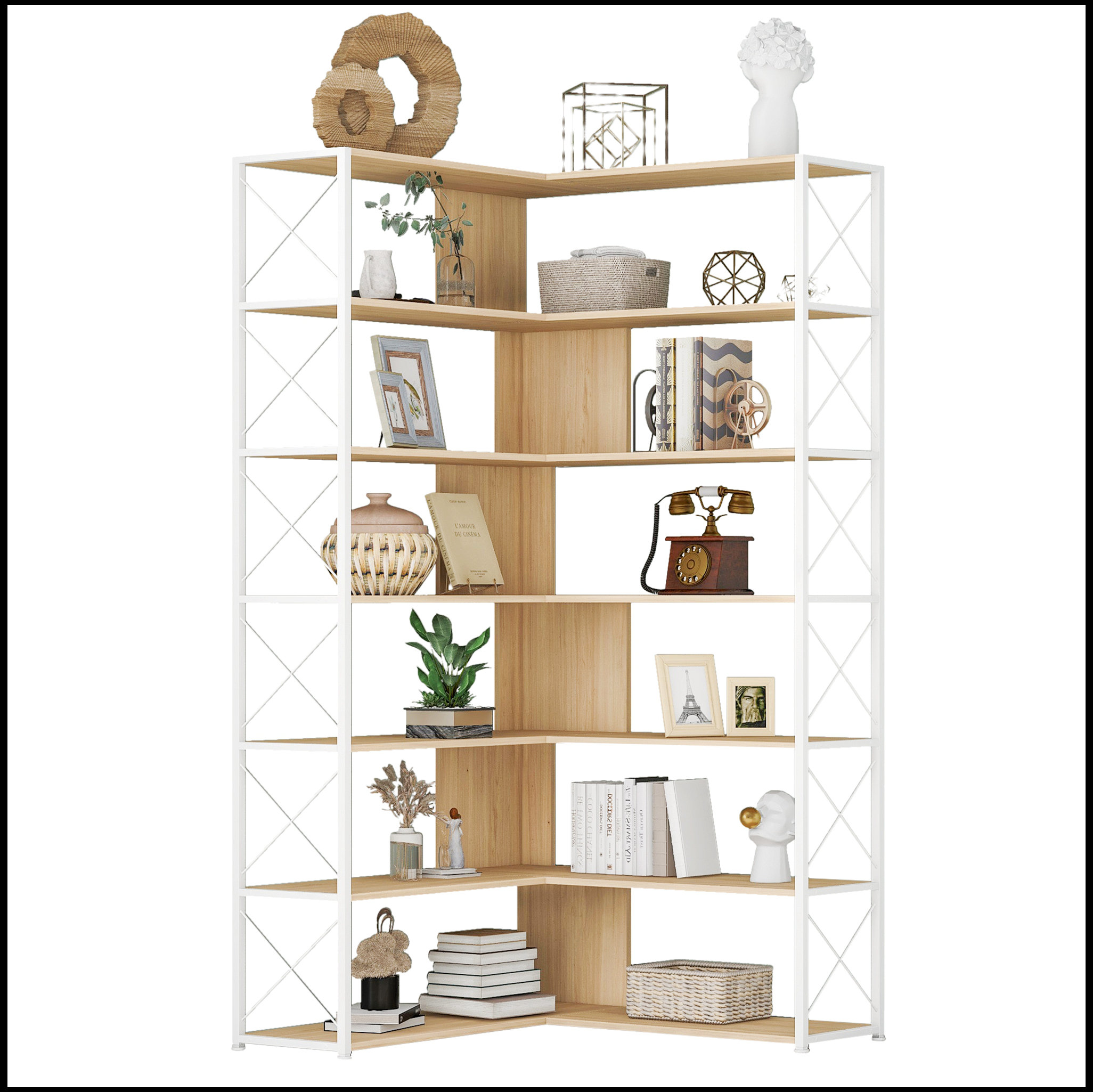 17 Stories 7-Tier Bookcase Home Office Bookshelf, L-Shaped Corner ...