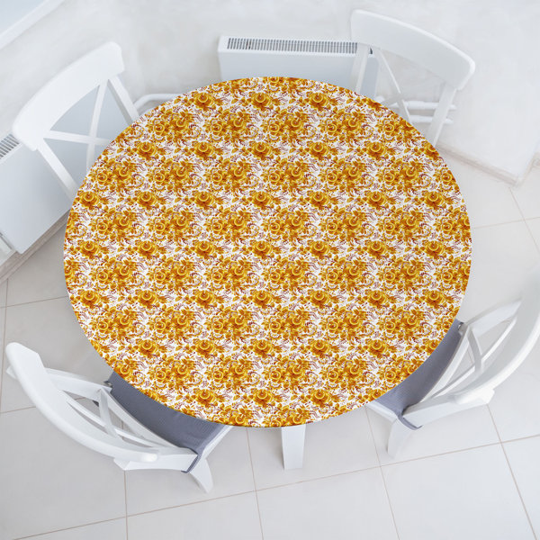 Mercer41 Autumn Damask Fitted Round Tablecloth Yellow and Dark Orange ...