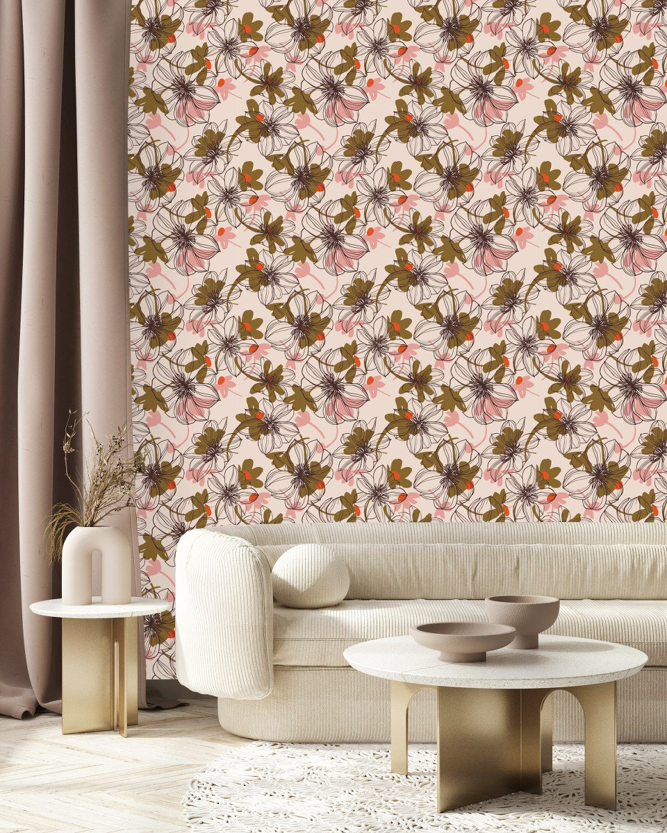 Red Barrel Studio® Pink Wallpaper With Brown Floral Outline Peel And ...