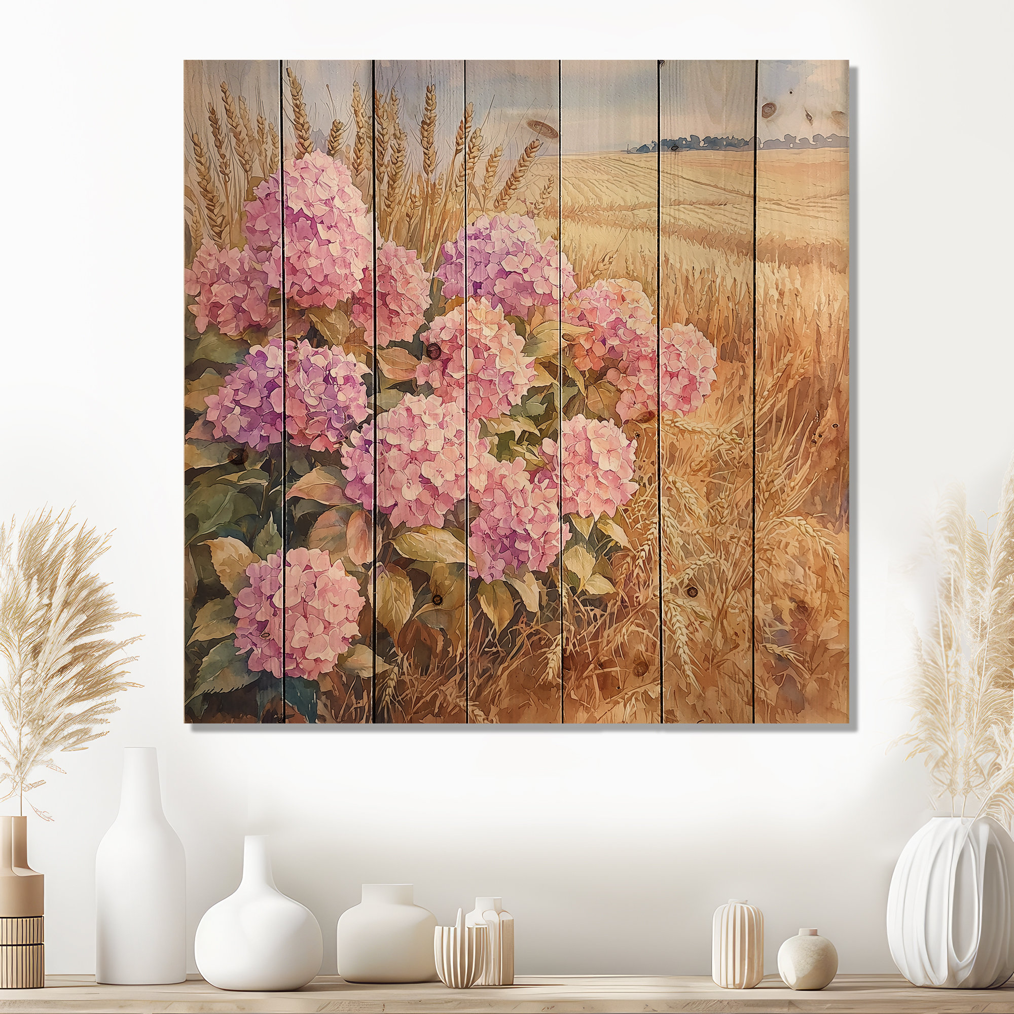 Ophelia & Co. Hydrangeas In The Wheat Harvest I - Hydrangea Wood Wall ...