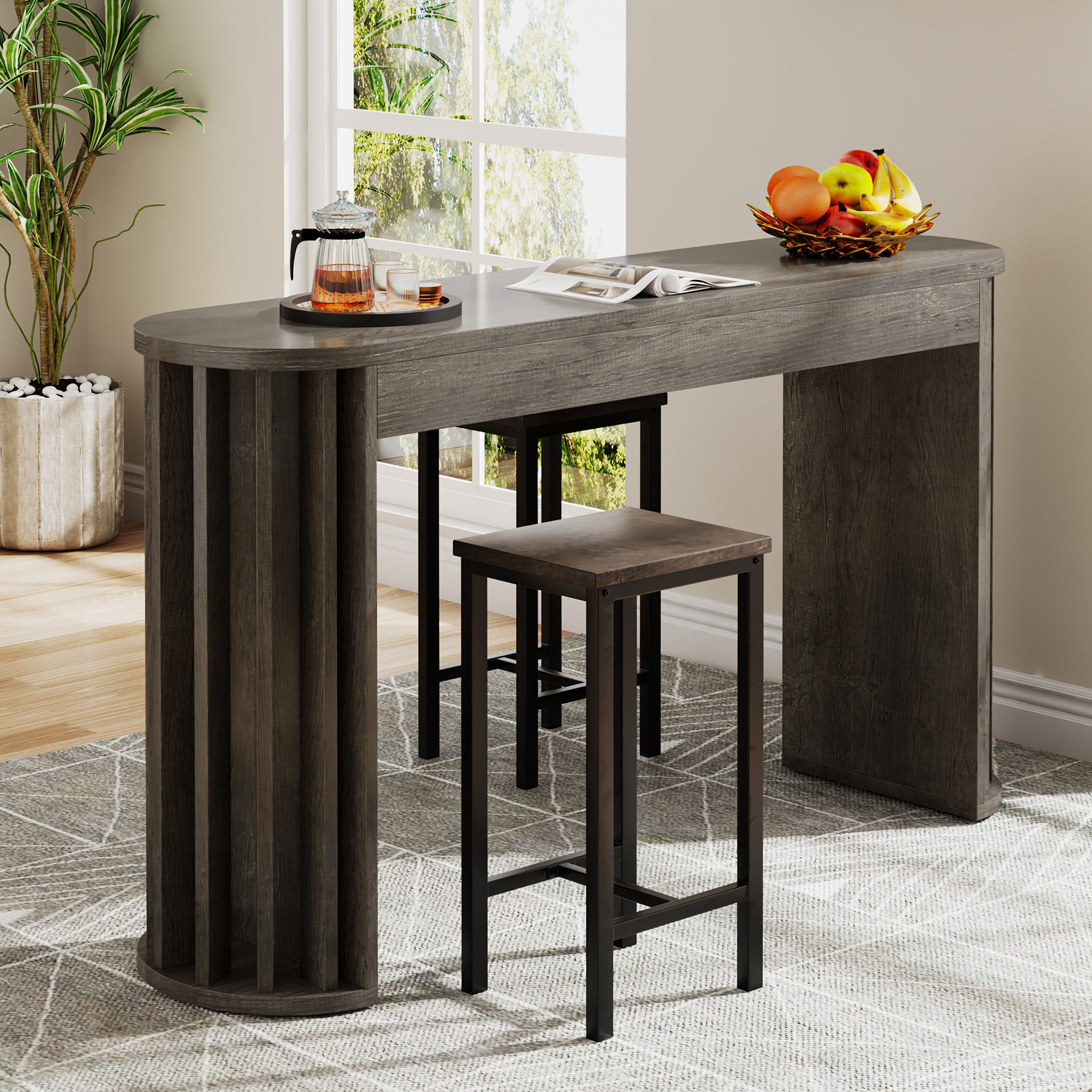 Ebern Designs Count Height Dining Table, 59" Gray Wooden Bar Table For ...