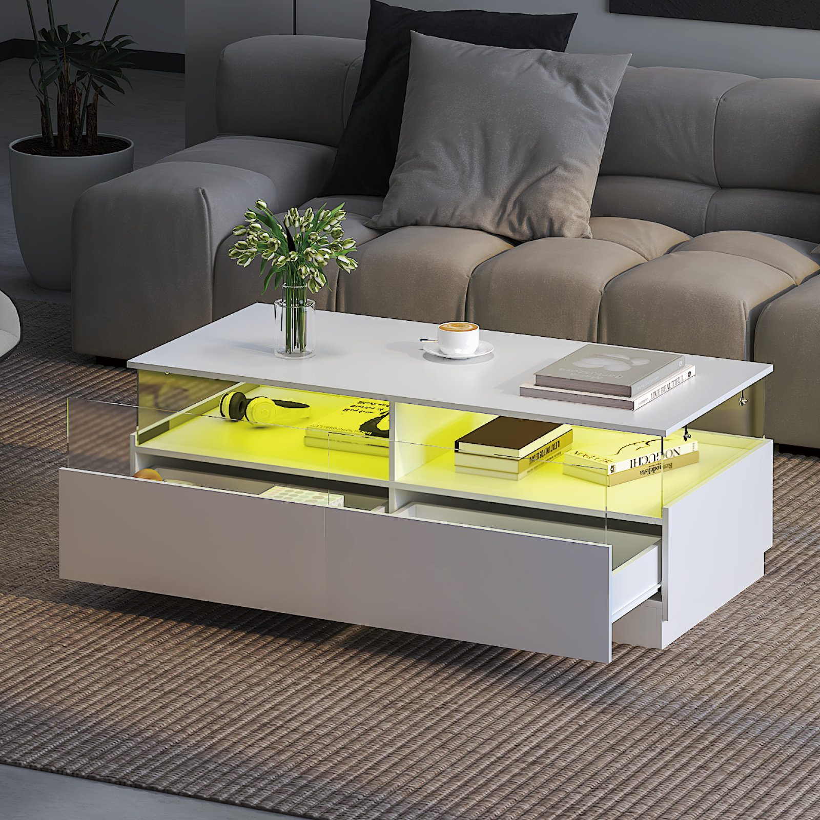 BURENMETO 16" Small Square Acrylic Coffee Table With Storage And Led ...
