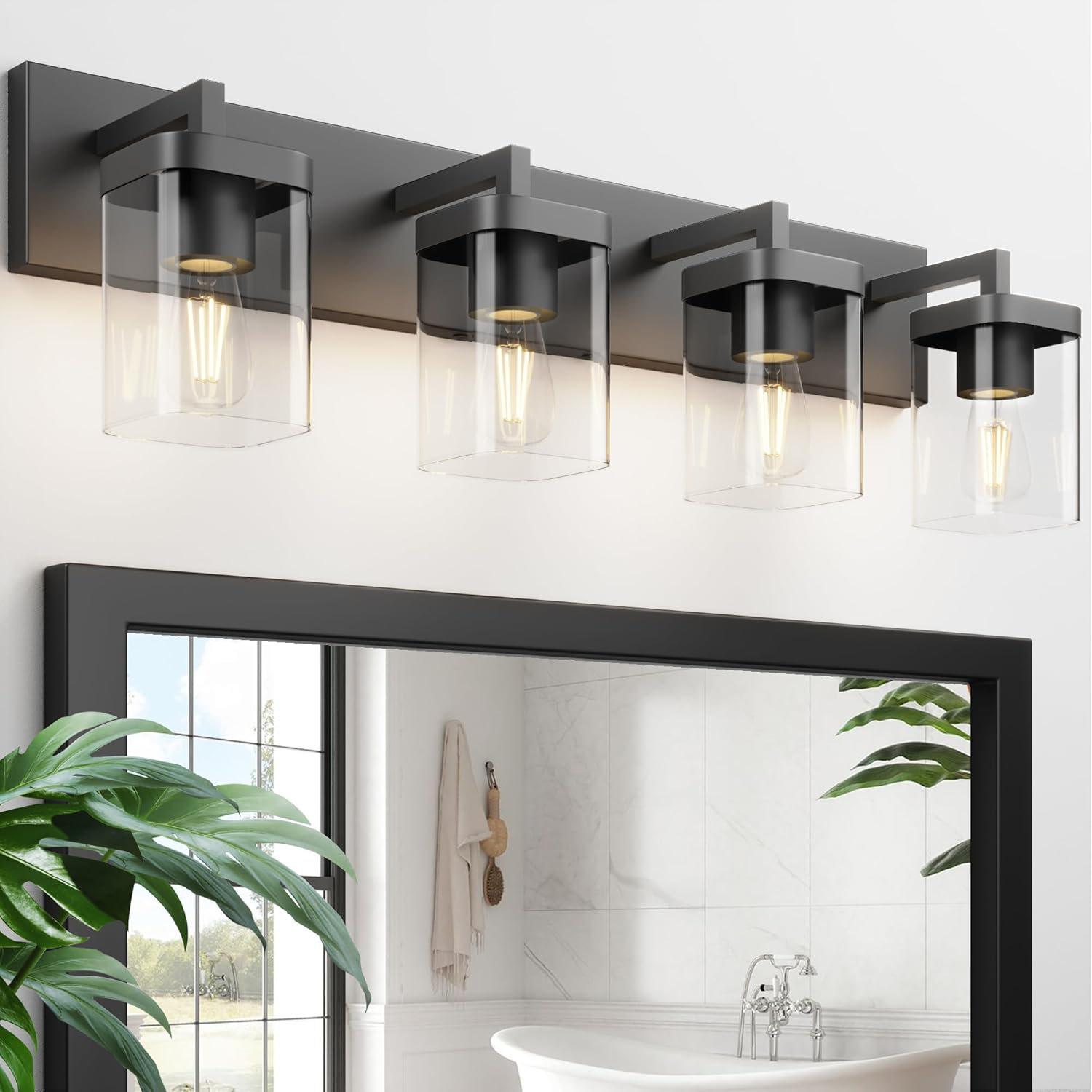 BEAUTY DEPOT Square Bathroom Vanity Light, 4-Light Matte Black Wall ...