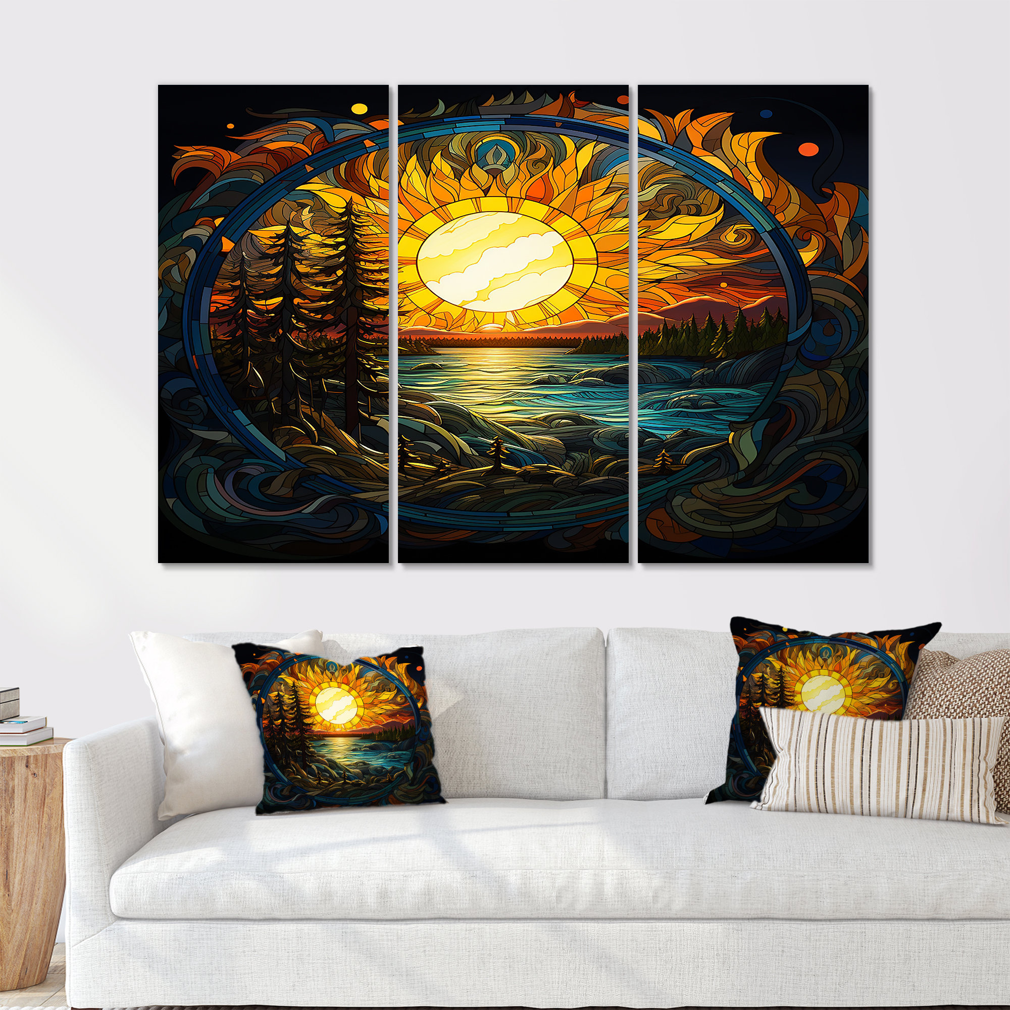 Millwood Pines Vibrant Yellow Sun Over Forest Lake - River Wall Art Set ...