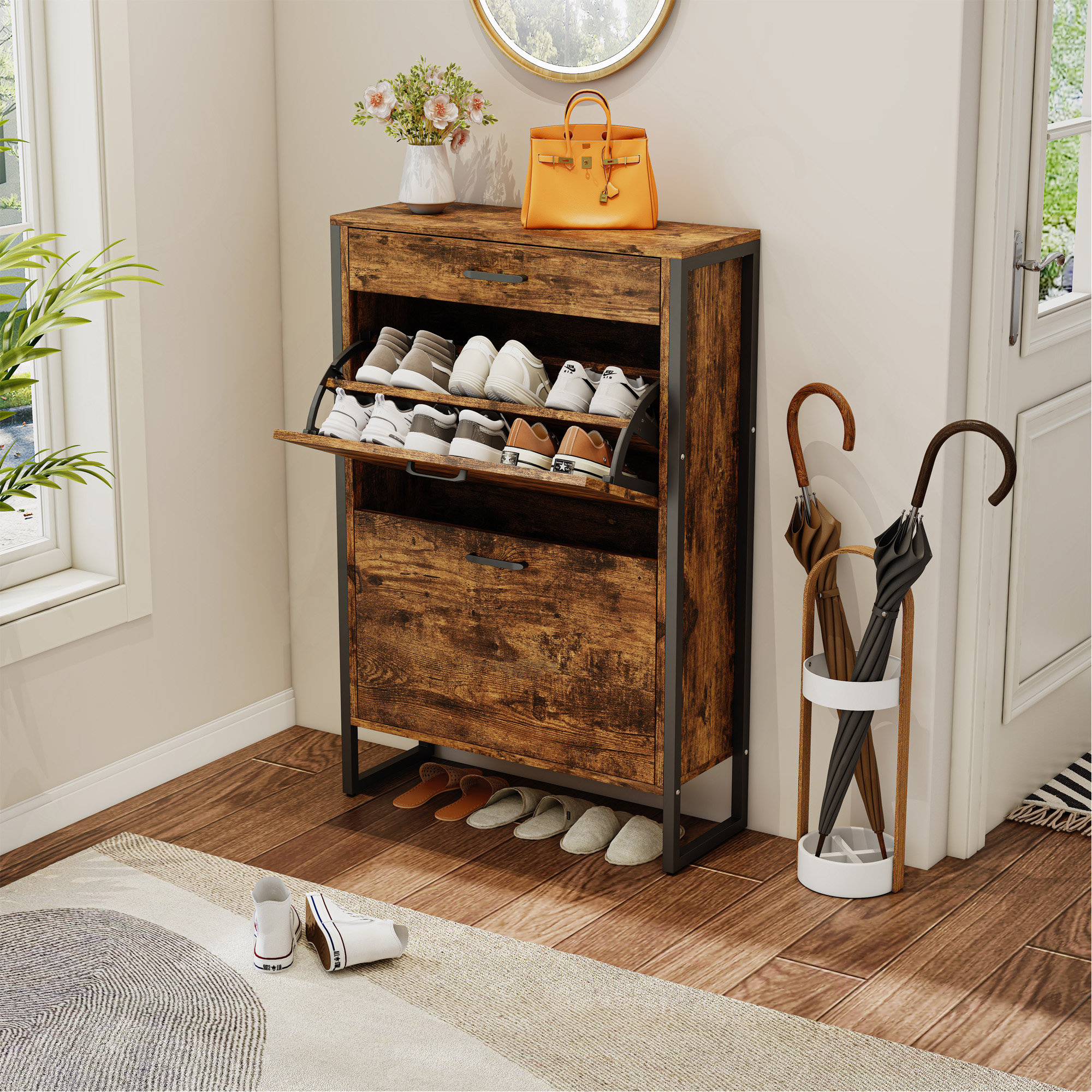 Corrigan Studio® Slim Shoe Cabinet With 2 Flip Drawers &1 Drawer ...