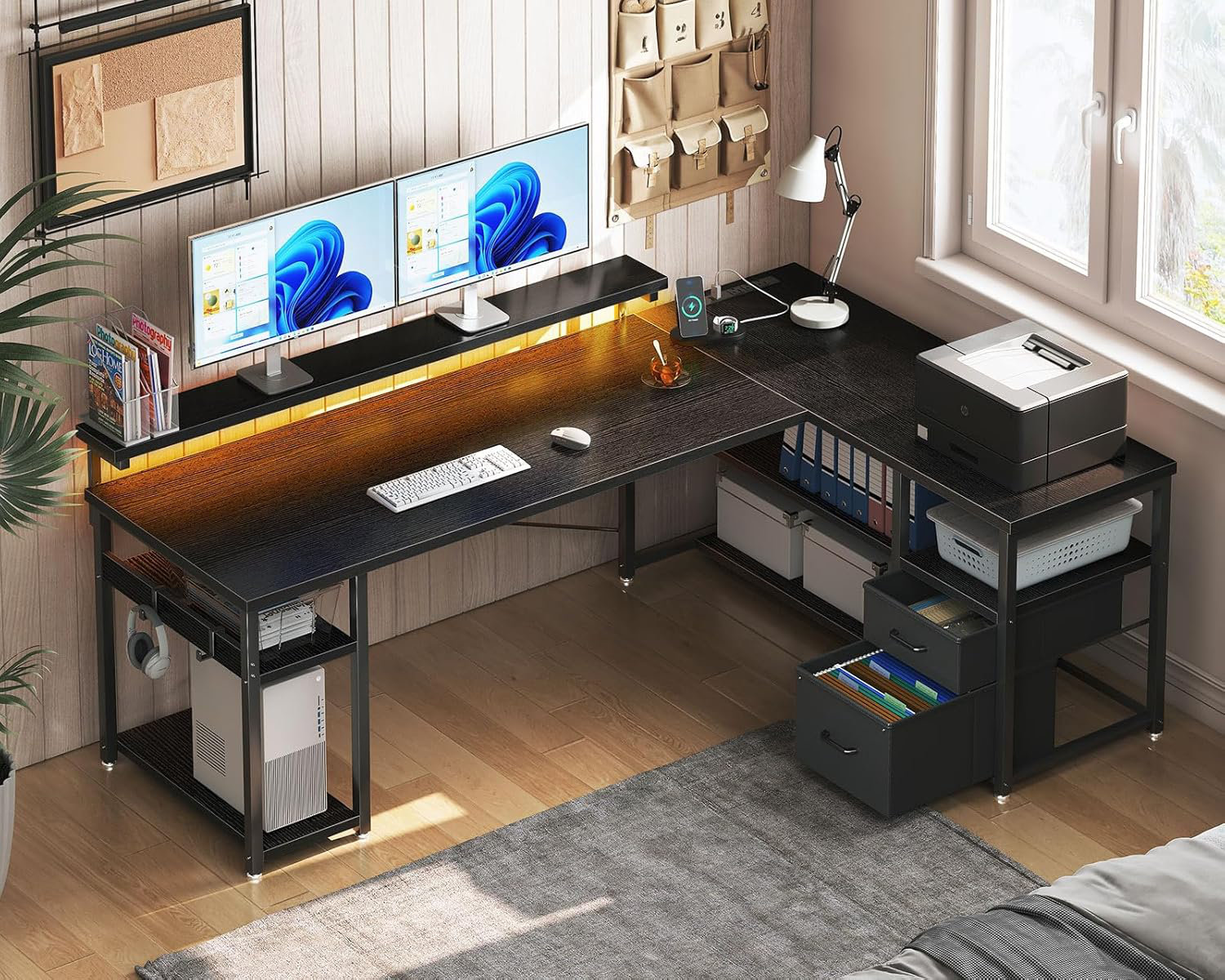 Ivy Bronx L Shaped Gaming Desk with File Drawer, Reversible Computer ...