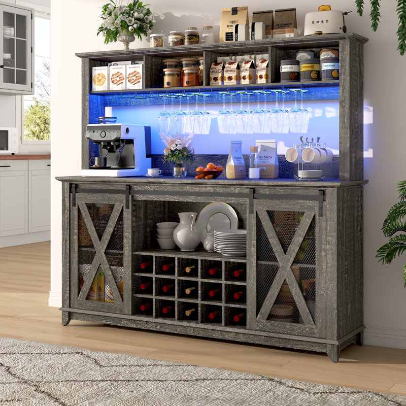 August Grove® 63"W Farmhouse Coffee Bar Cabinet With Wine Rack And ...