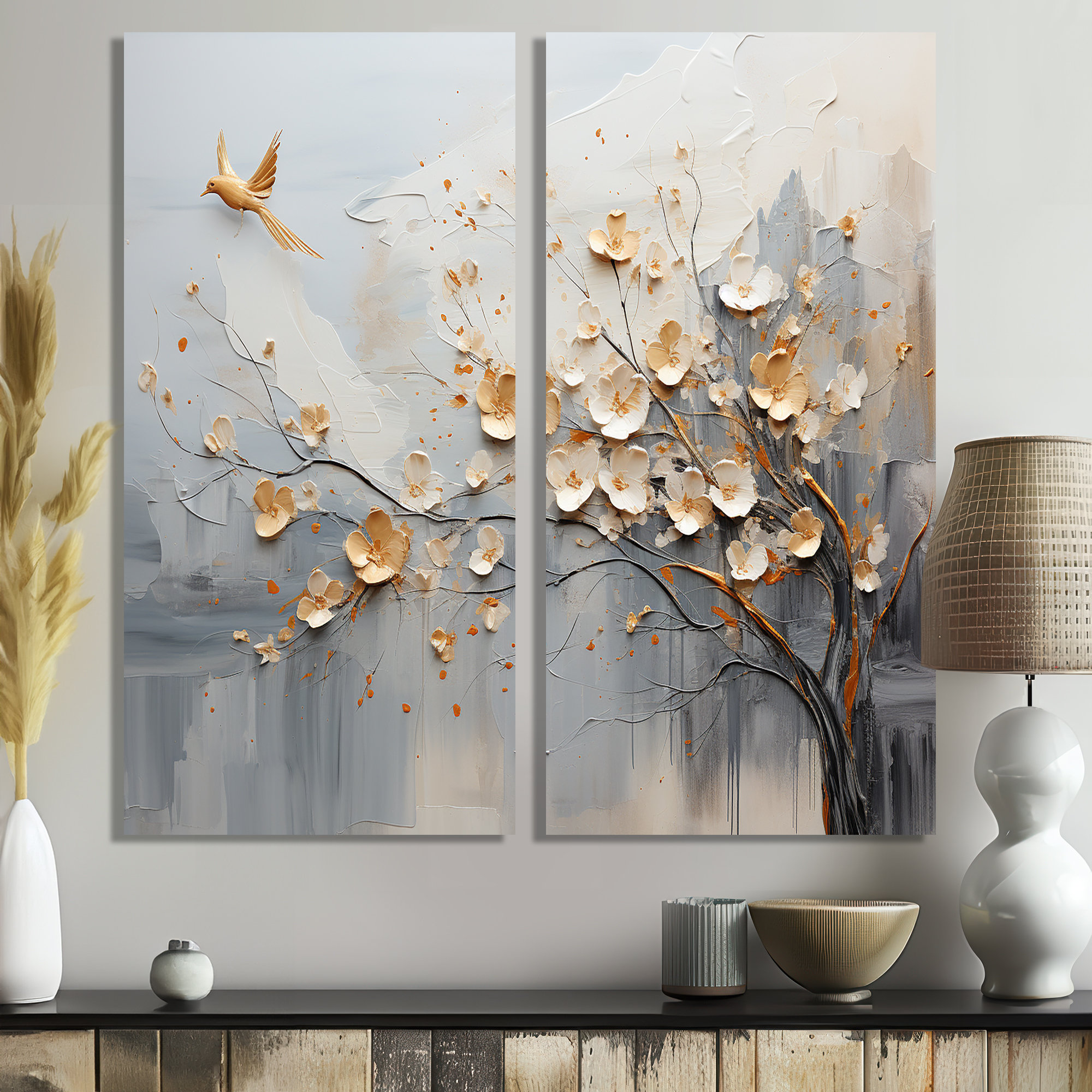 Lark Manor Impression sur toile moderne beige, Japon et arbre doré du ...