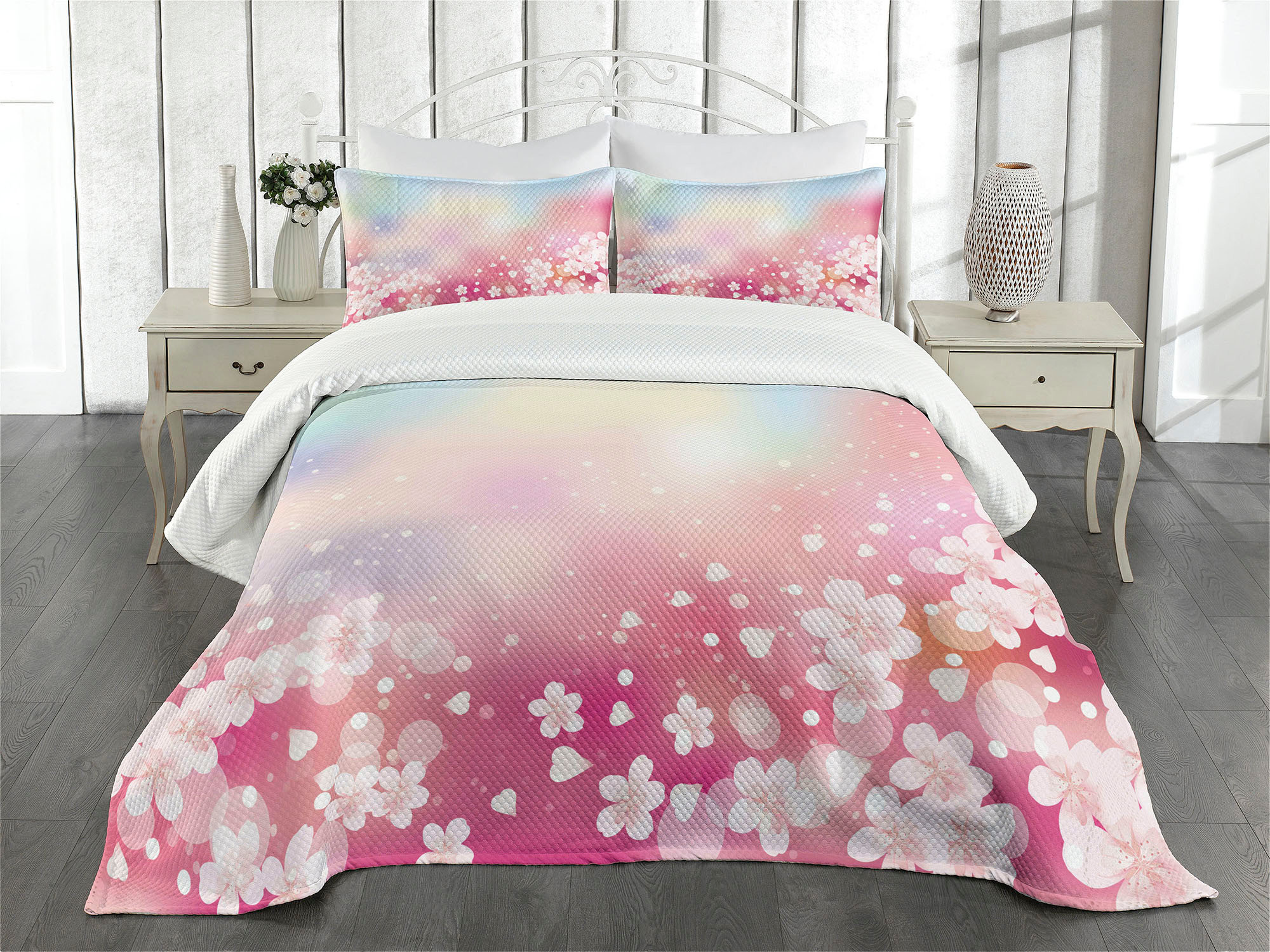 Ambesonne Pastel Bedspread Set Dreamy Cherry Blossoms Pale Pink Pale ...