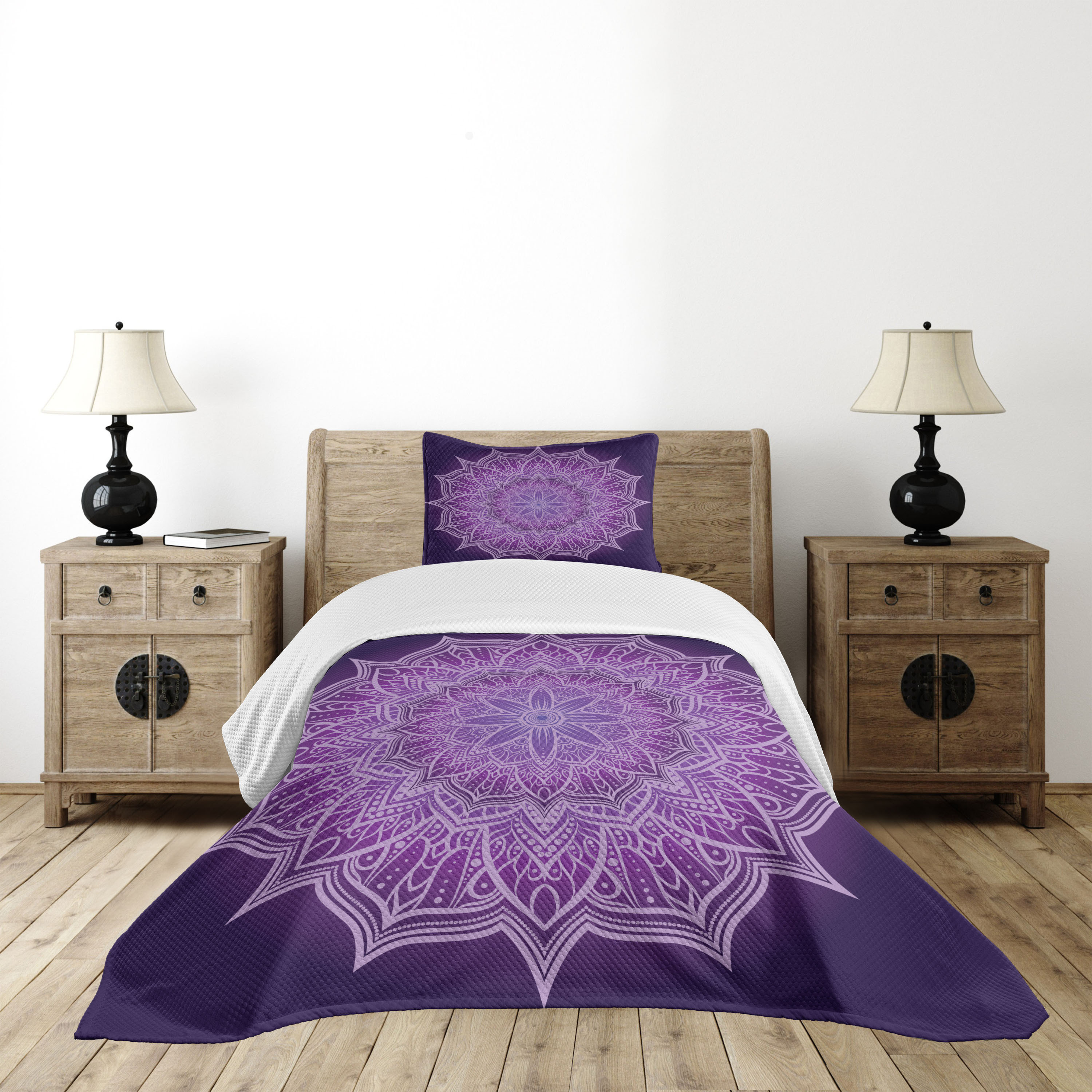 Ambesonne Purple Mandala Bedspread Set Hand-Drawn Lace Dark Purple Pale ...