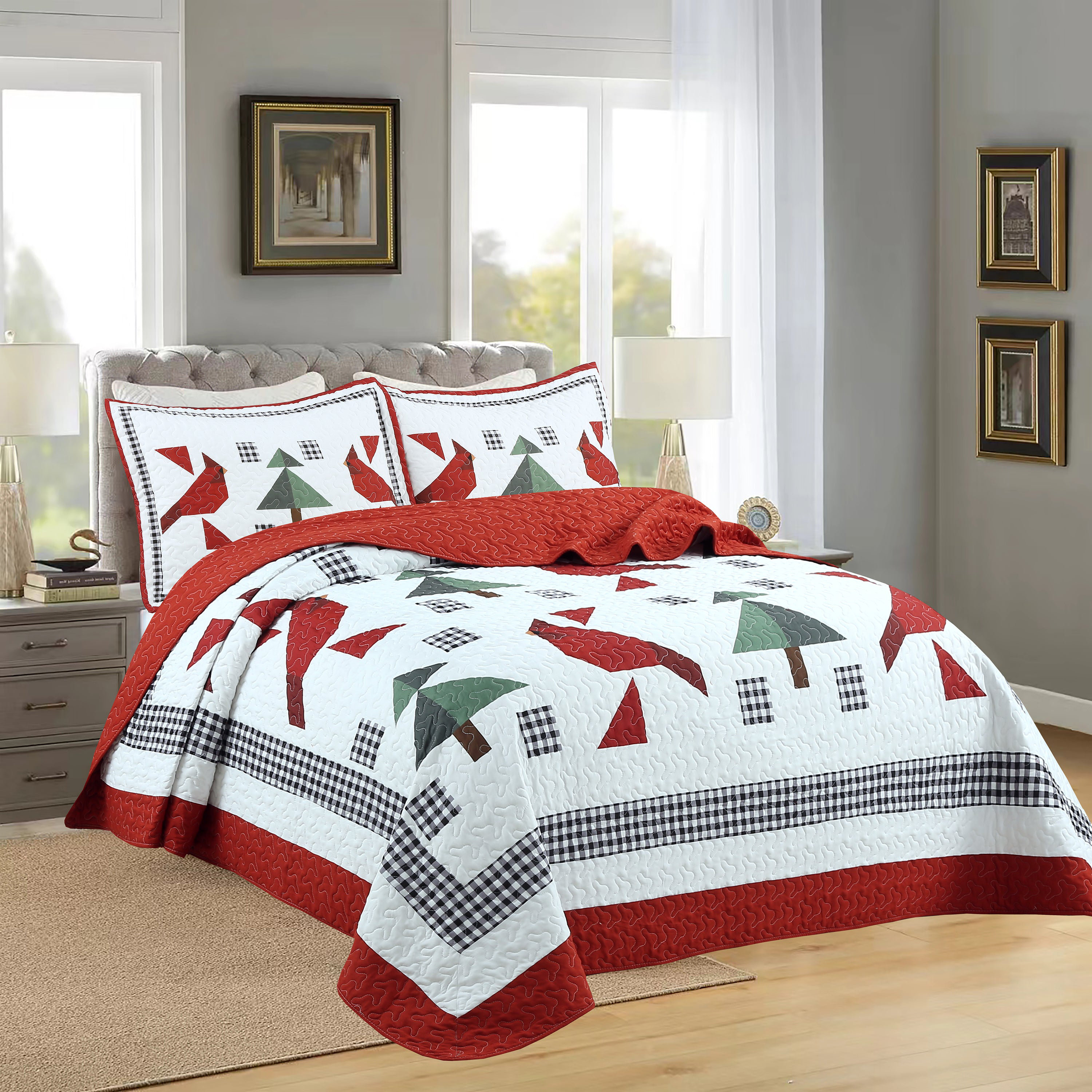 MarCielo 3 Pcs Winter Red Cardinals Christmas Quilt Bedspread Set ME509 ...