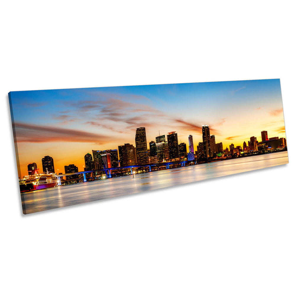 Ebern Designs Sunset Over Miami City Skyline CANVAS WALL ART Panoramic ...