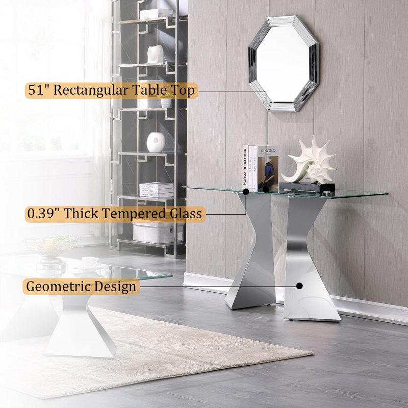 Ivy Bronx Silver Console Table Entryway Table With Tempered Clear Glass ...