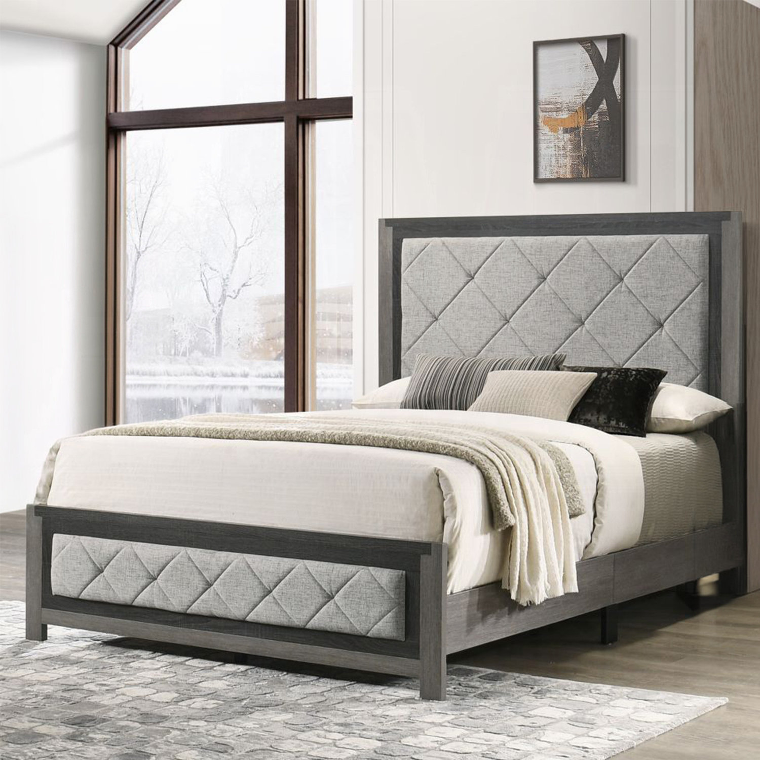 Latitude Run® Linen Upholstered Bed With Lozenge Design In Gray | Wayfair