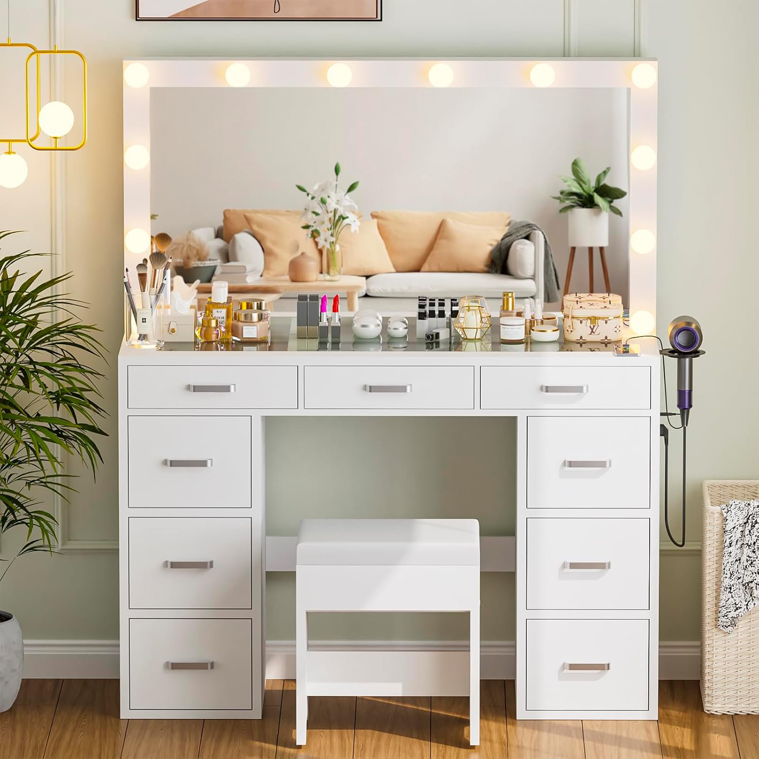 Red Barrel Studio® 47.2" Extra Large Makeup Vanity With Stool, Lights ...