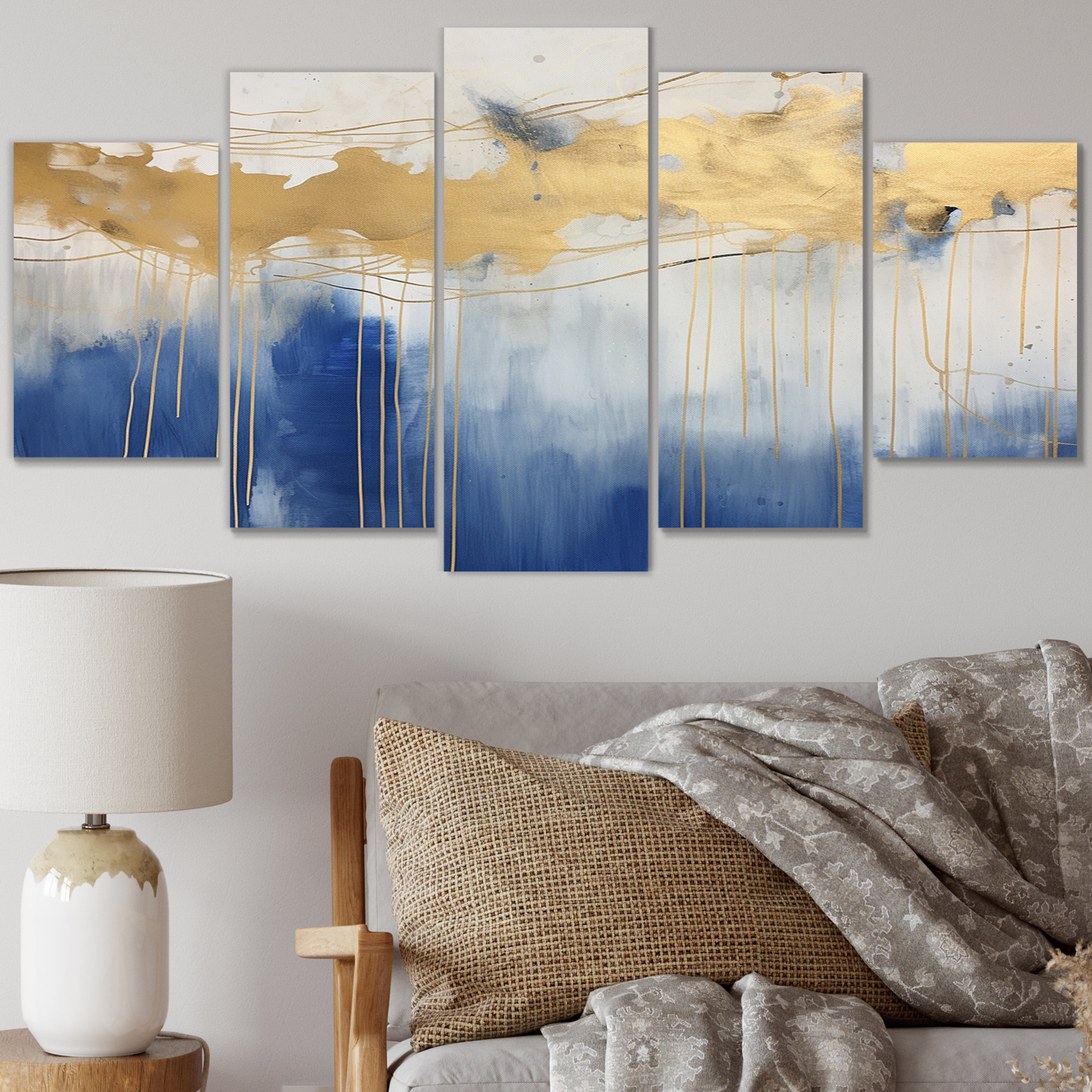 DesignArt Momentary Spirit Golden Wave Retro Blue IV - Abstract Shapes ...