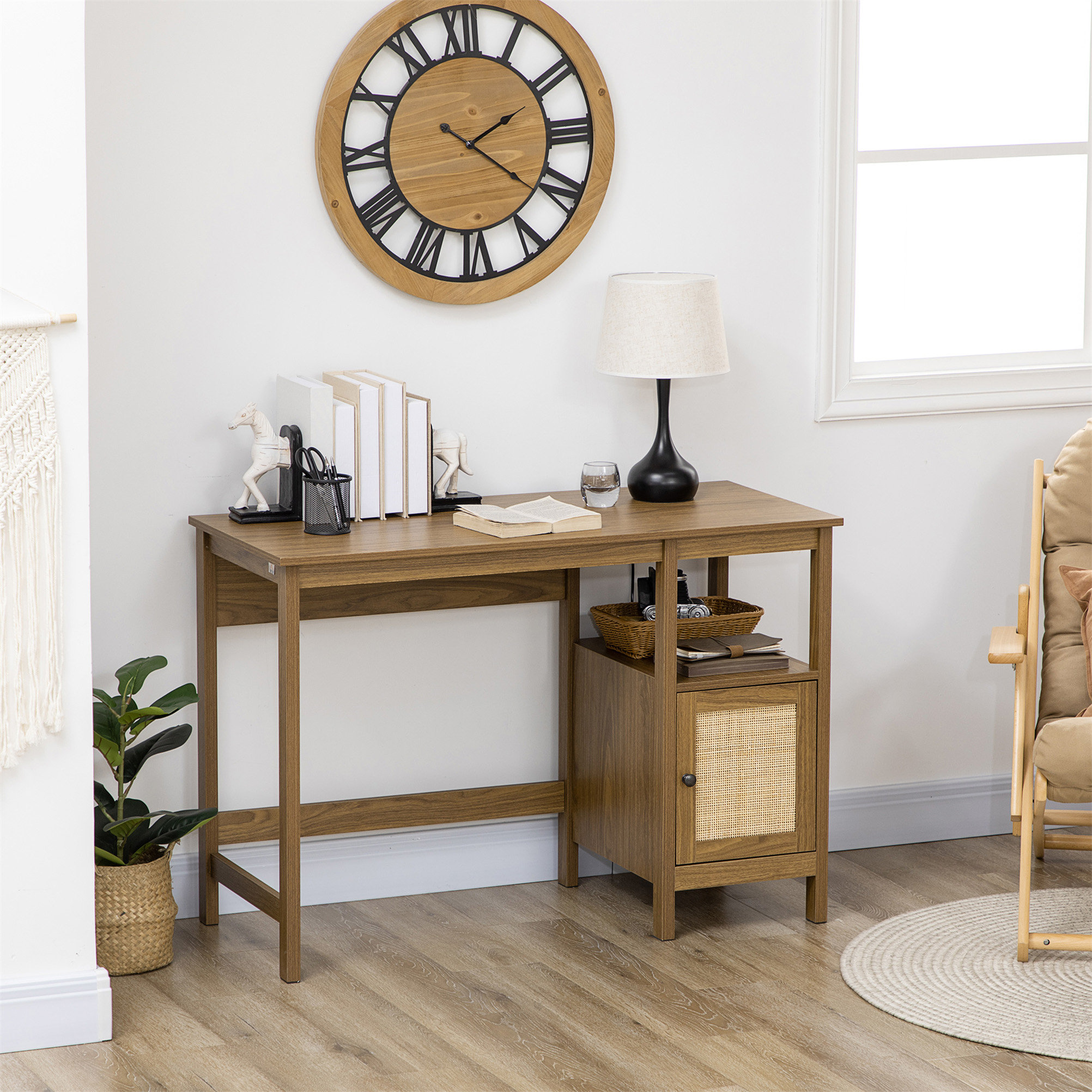 17 Stories Space-Saving Small Computer Desk With Storage Shelf & Rattan ...