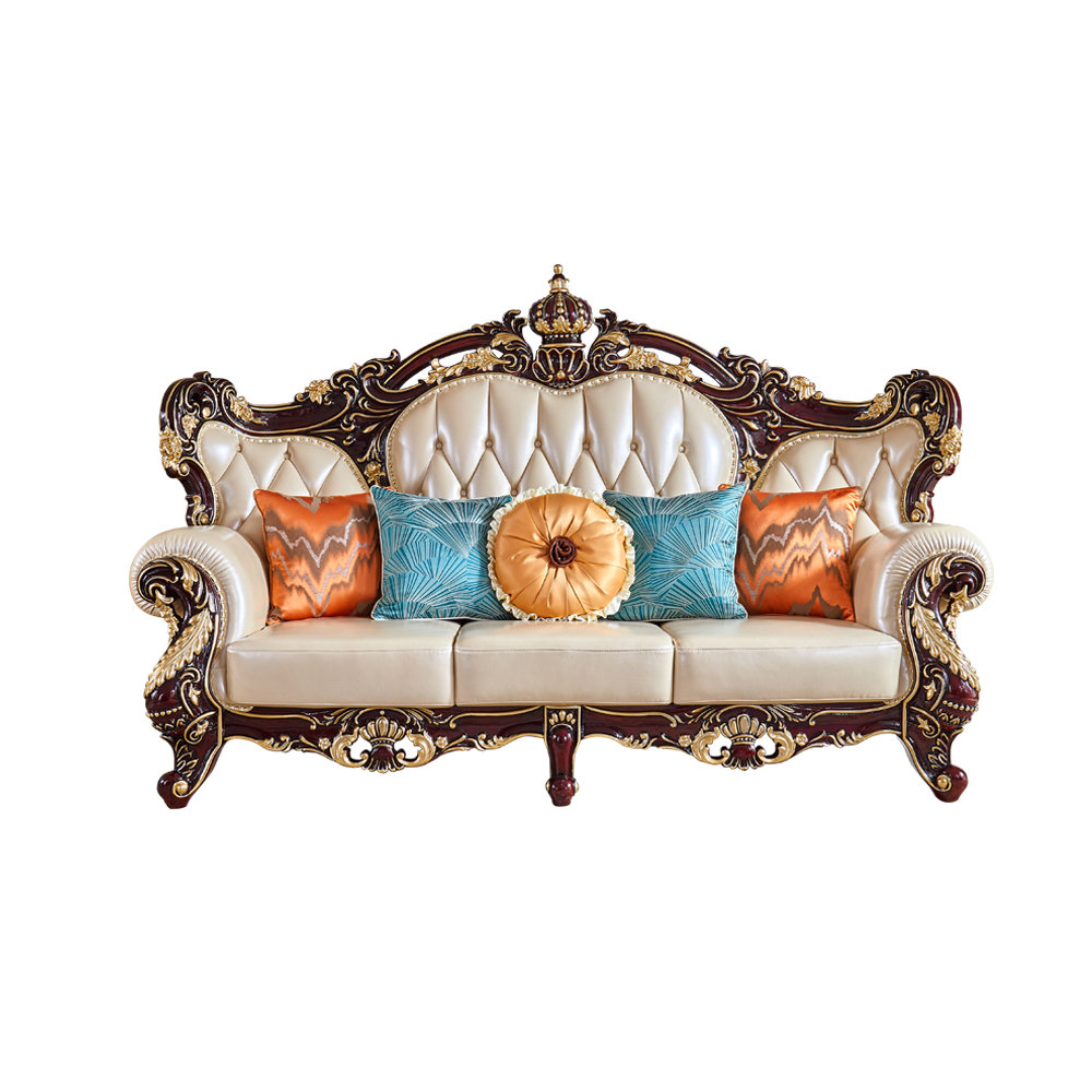 Romero American Solid Wood Carved Leather Sofa 94.49'' Genuine Leather ...