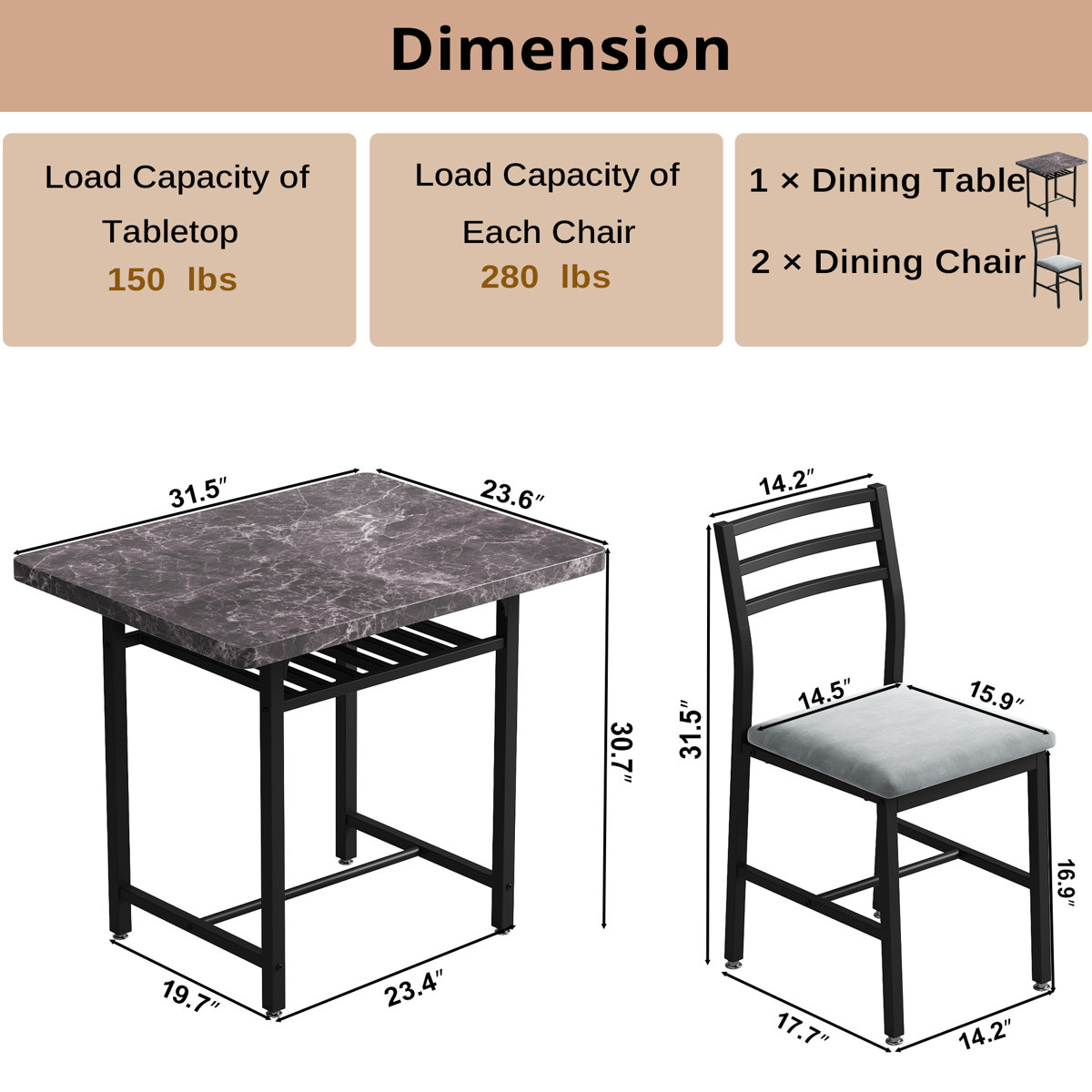 Winston Porter 3-Piece Dining Table Set With Faux Marble Tabletop ...