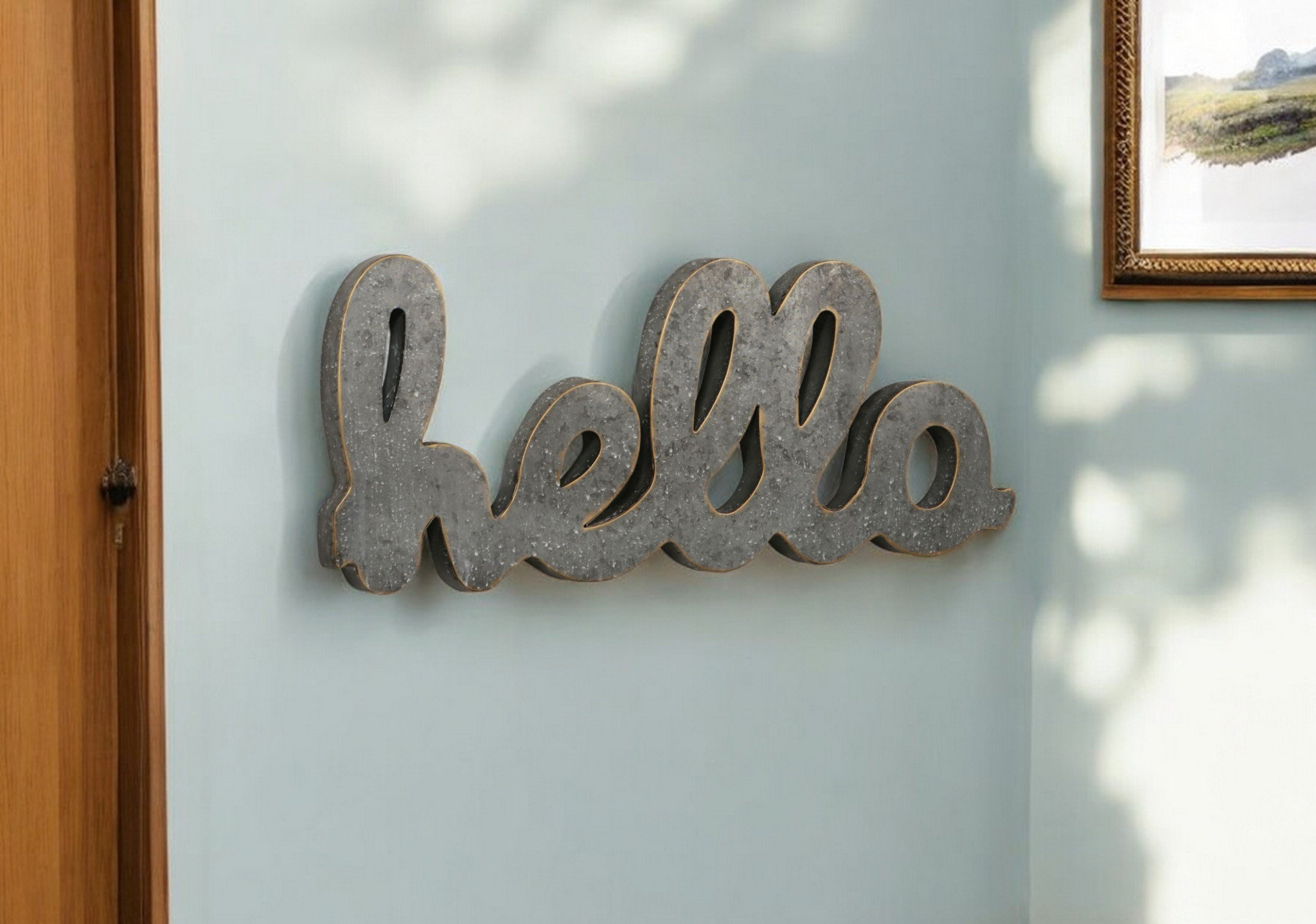 HomeRoots 12" X 28" Gray Handcrafted Abstract hello Metal Wall Decor ...