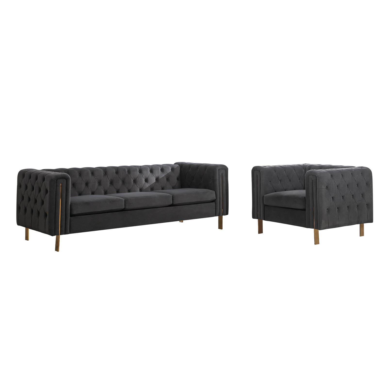 Mercer41 Velvet Upholstered Sofa Couch Set, 2 Pcs Button Tufted Sofa ...