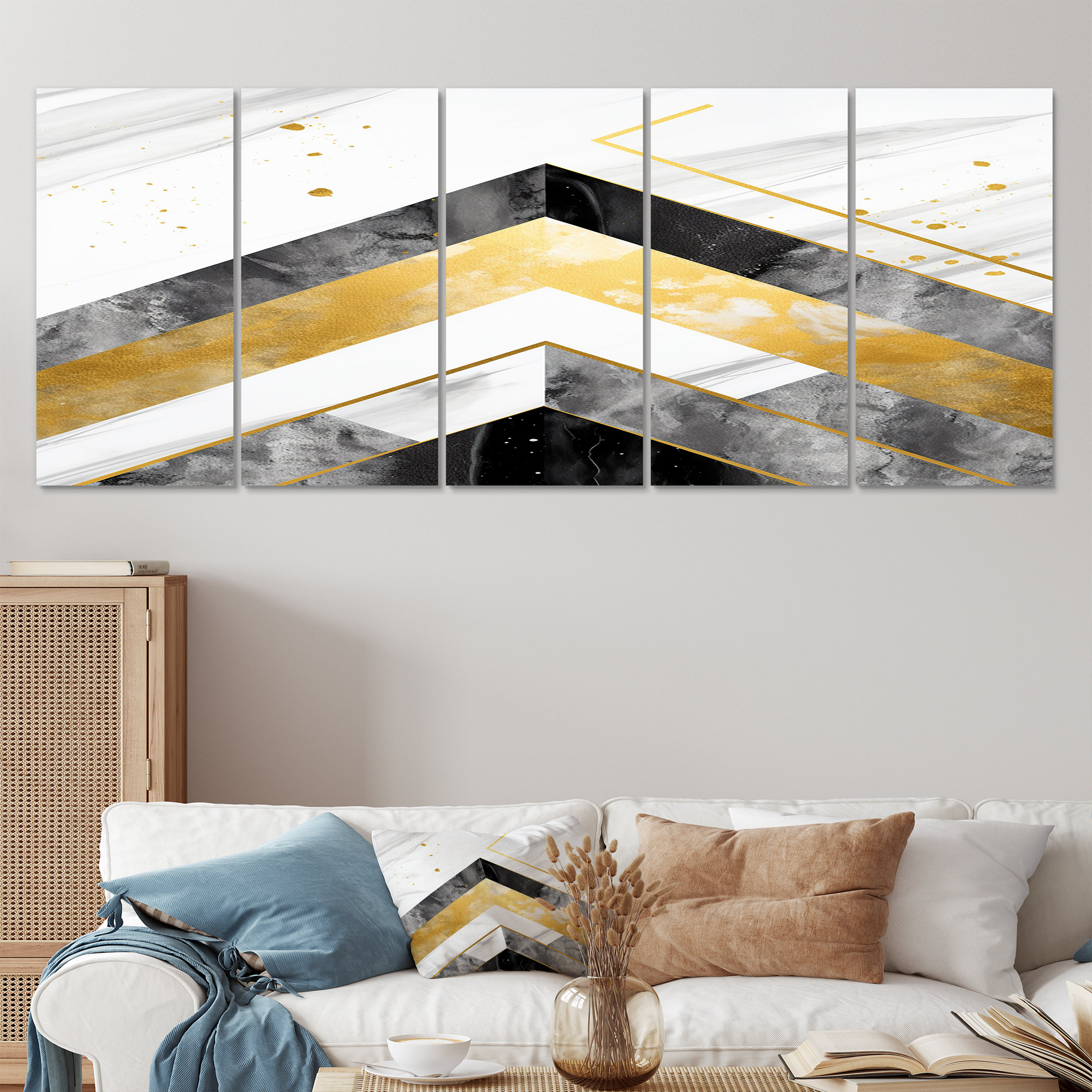Ivy Bronx Gray Gold White Full Chevron - Geometric Wall Art 5 Piece ...