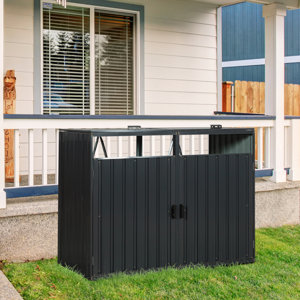 HOA.WWC Metal Outdoor Garbage Bin Shed for 2 Trash Cans Black Stainless ...