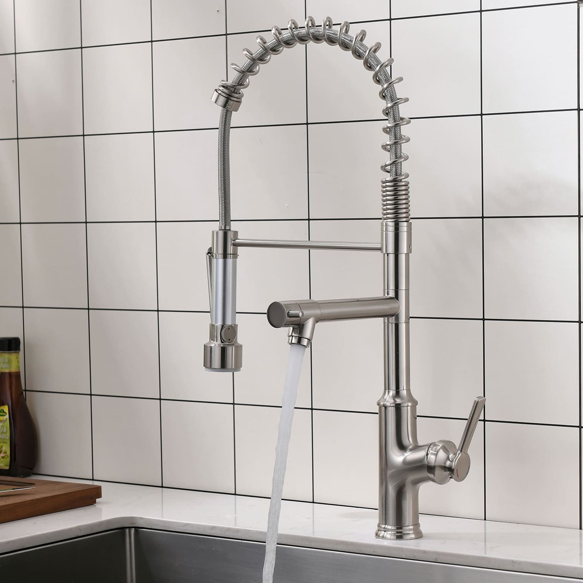 AWZTOO 1 Hole Commercial Kitchen Faucet With Pull Down Sprayer Brushed ...