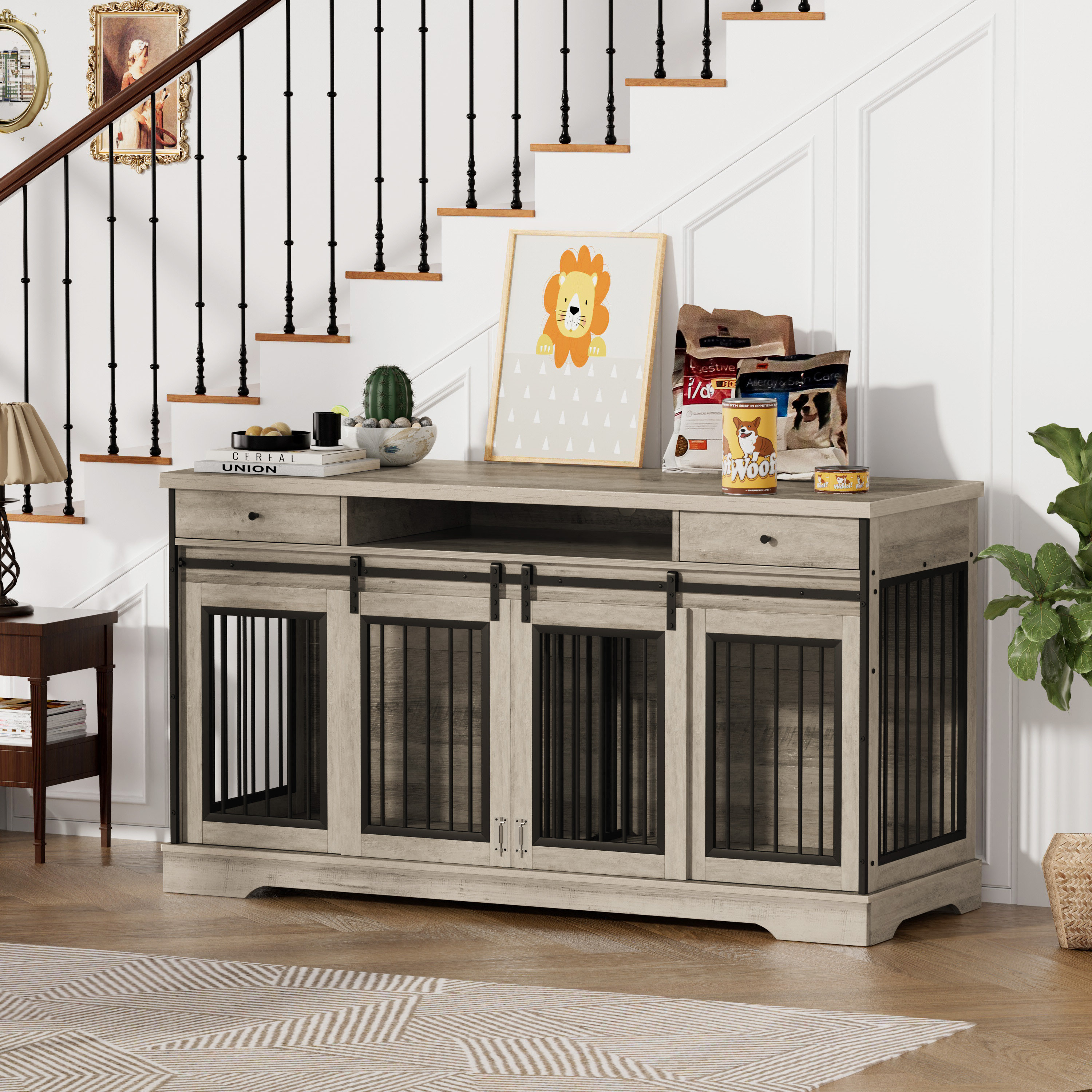 Tucker Murphy Pet™ 66'' Furniture Dog Crate Dog Cage TV Cabinet W/2 Drawers Removable Baffle End ...