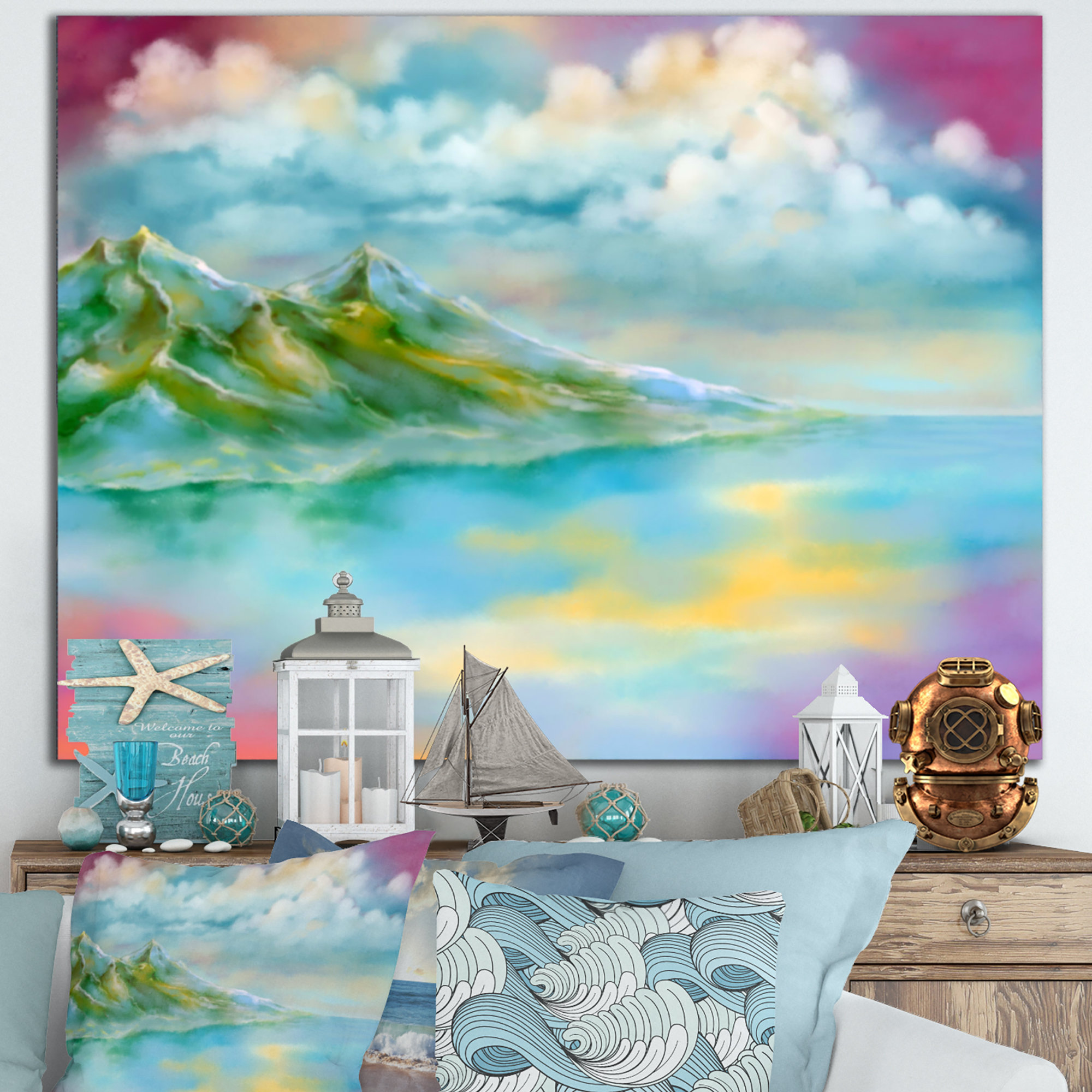 East Urban Home Fantasy Turquoise Landscape With Ocean Clouds And Hills ...