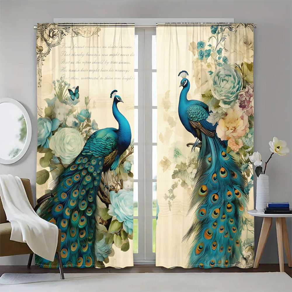 East Urban Home 2Pcs Peacock Floral Window Curtains Vintage Botanical ...