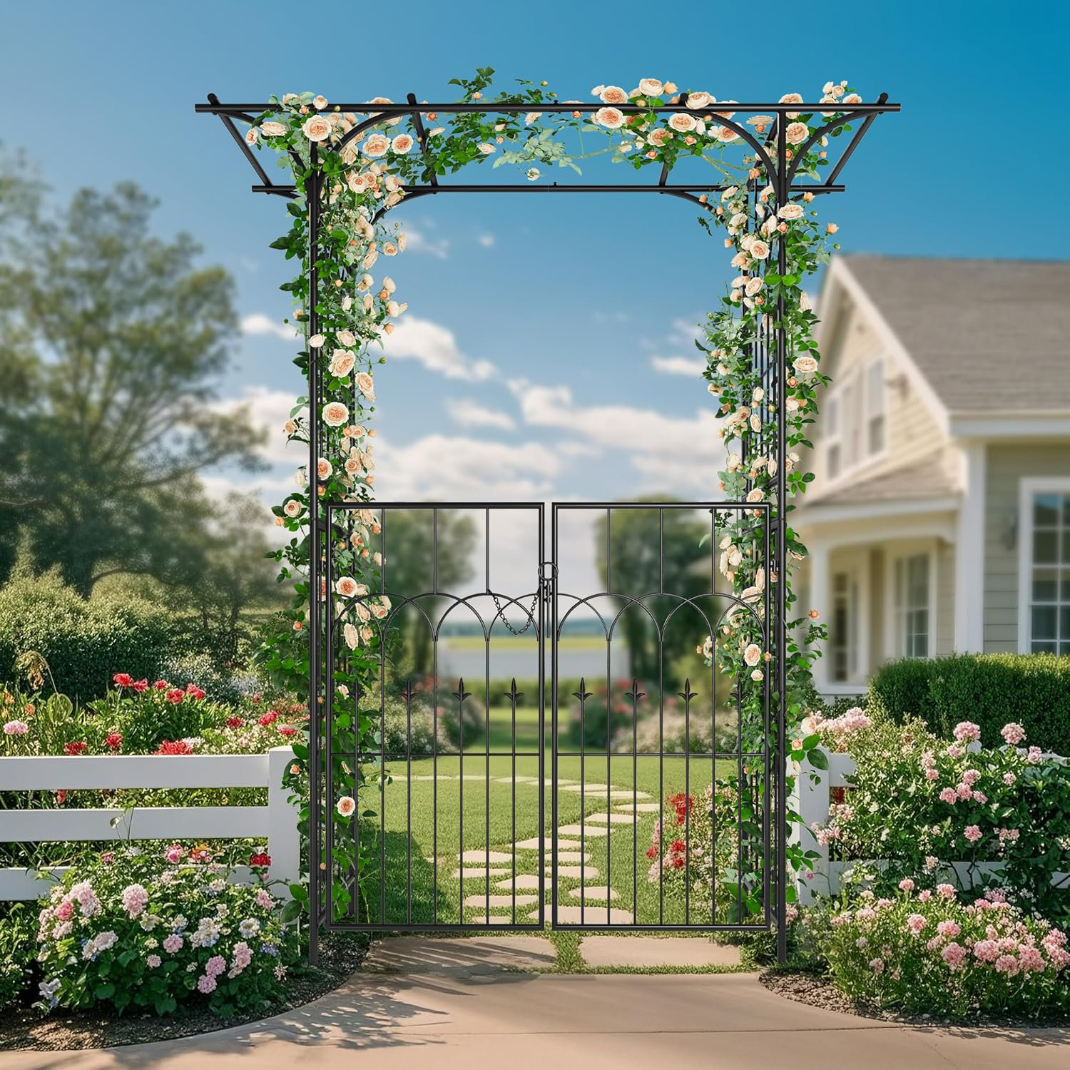 STIDOLA Metal garden arcade with door, 81-inch tall garden arch trellis ...