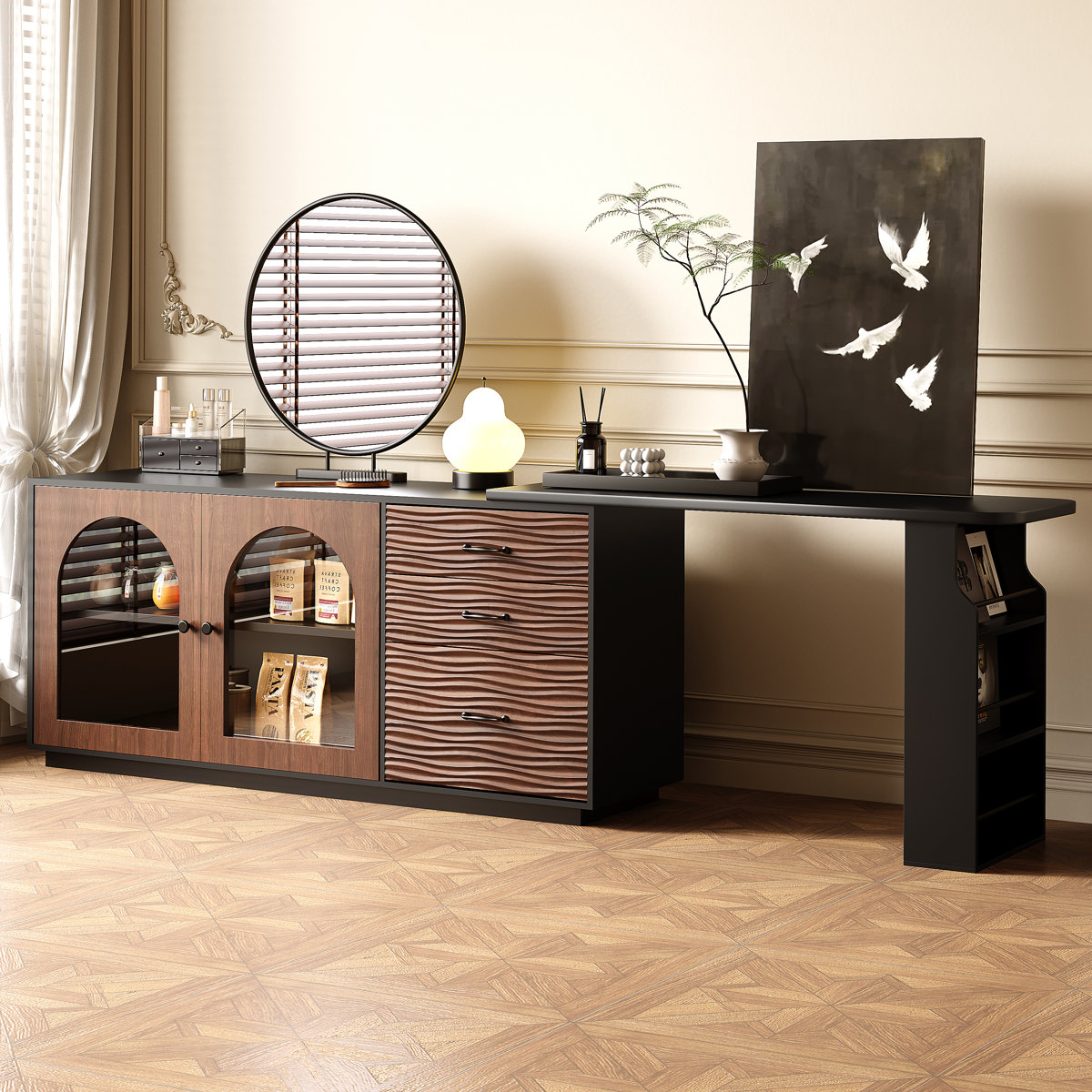 Latitude Run® 94.5'' Expandable Desk Dresser Desk Combo With 2 Cabinets ...