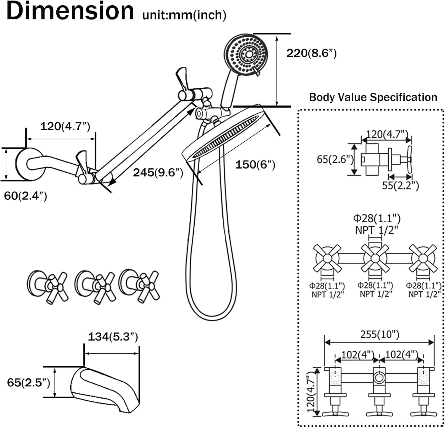 SOLVUR 3 Handle Tub Shower Faucet Matte Black Three Handles Shower ...
