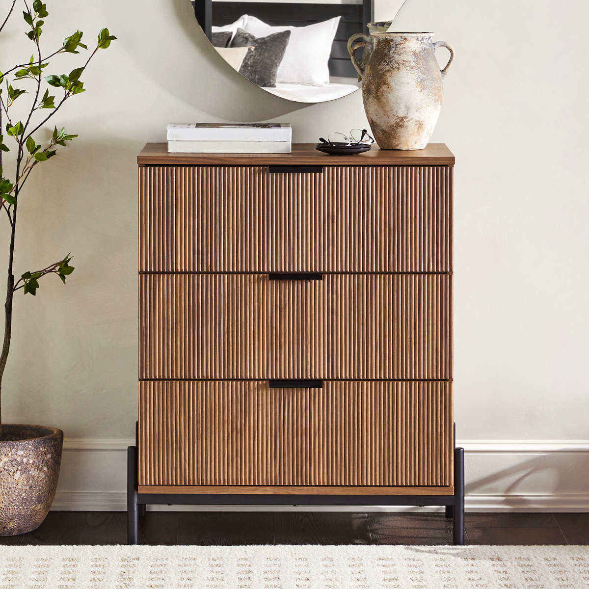 17 Stories Mid-Century 3-Drawer Chest With Reeded Drawer Fronts | Wayfair