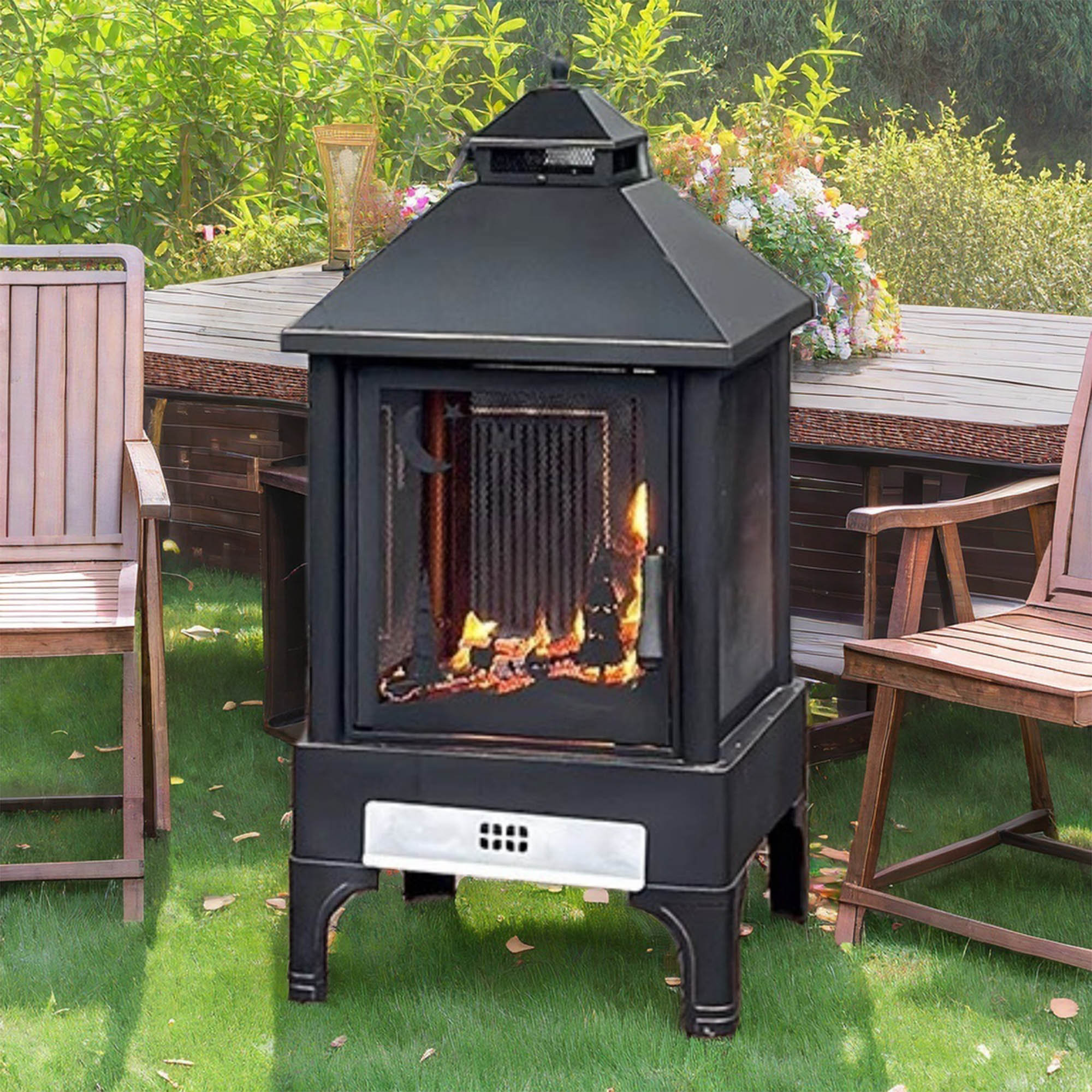 Arlmont & Co. Outdoor Fire Pit With Rotating Tray And Chimnea Top, Wood ...