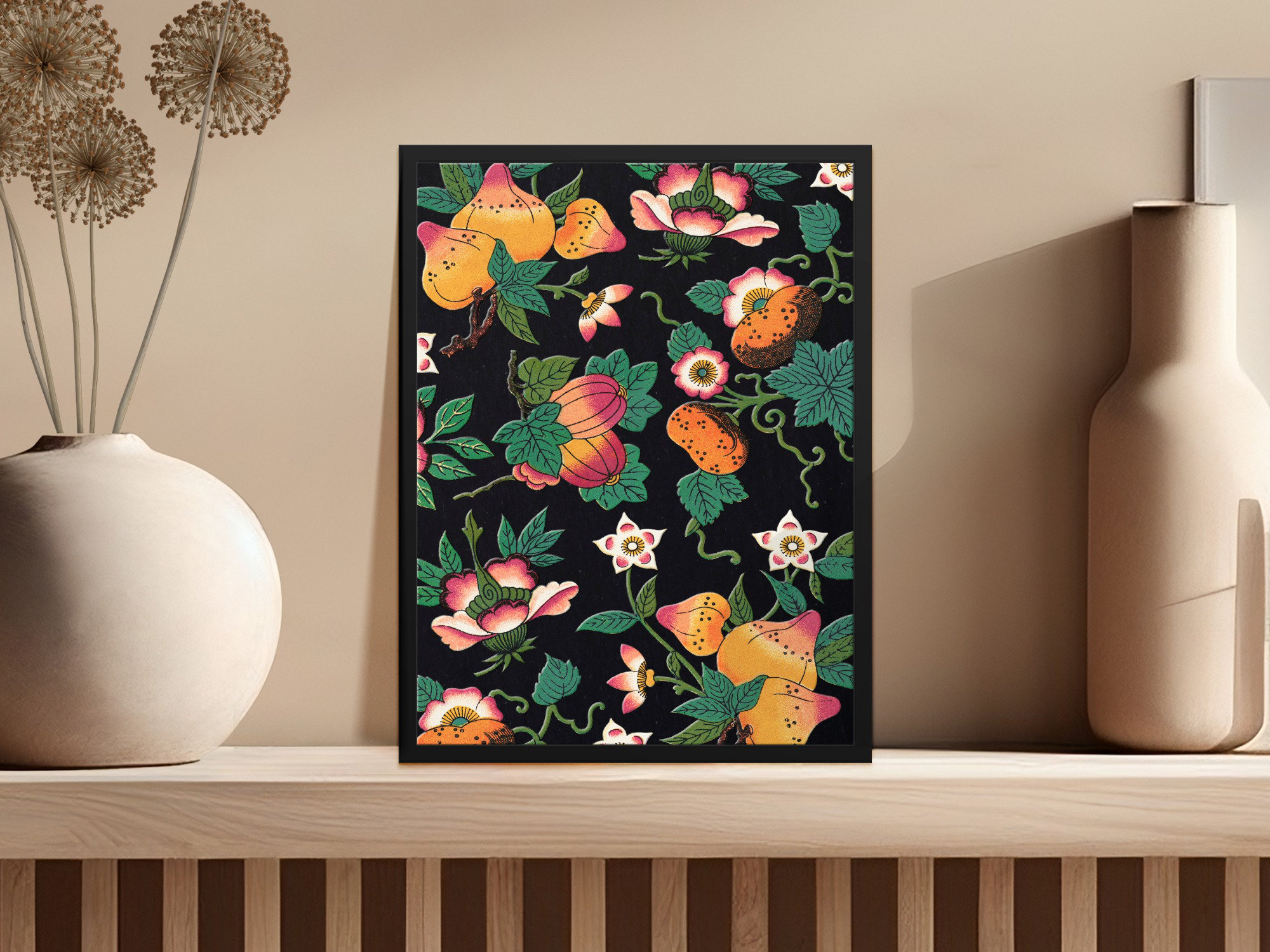 Brayden Studio Fruits Flowers Pattern Vintage Style Home Decor Framed ...