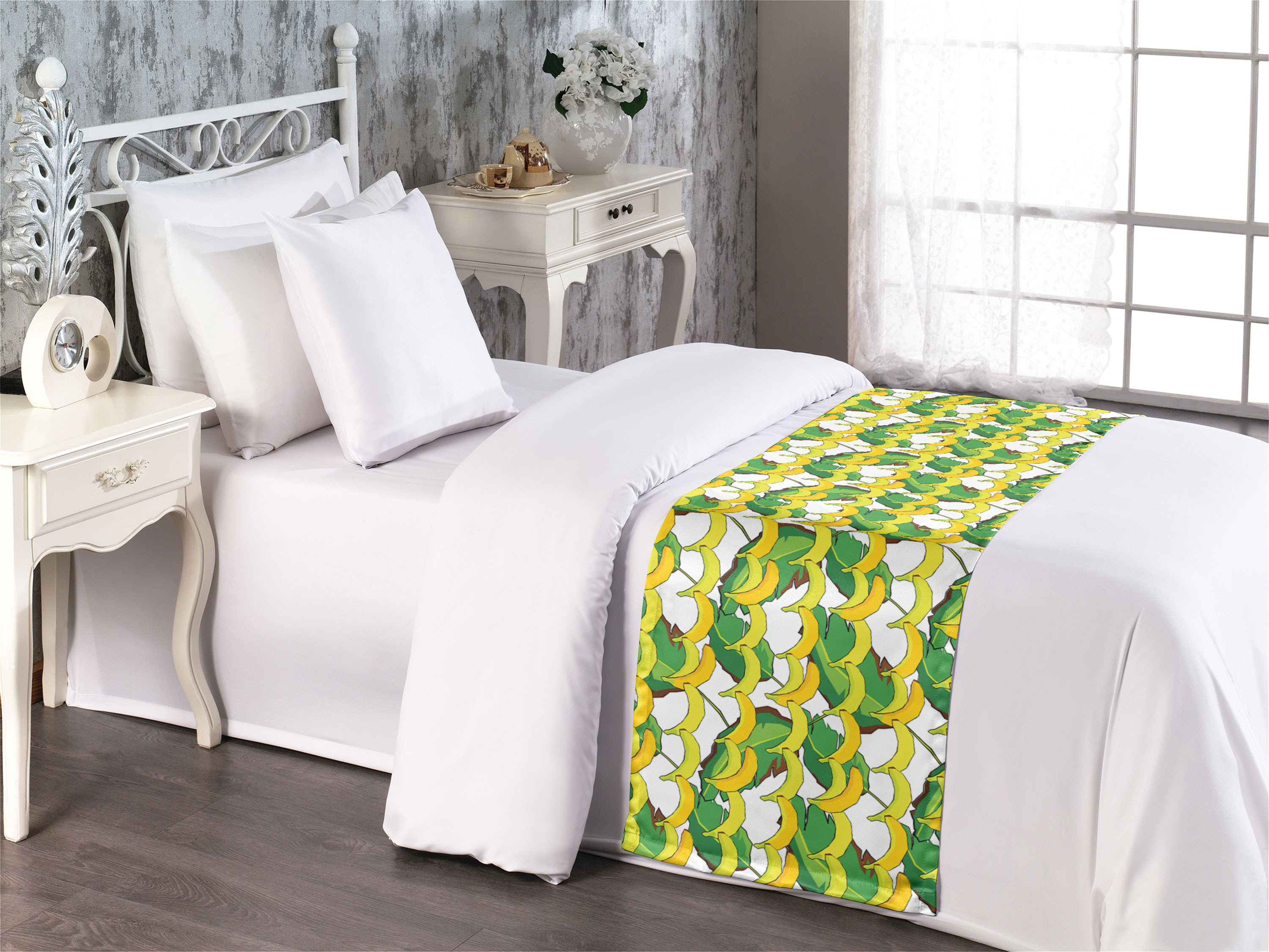 Ambesonne Banana Bed Runner Tropical Fruit and Leaves Yellow Lime Green ...