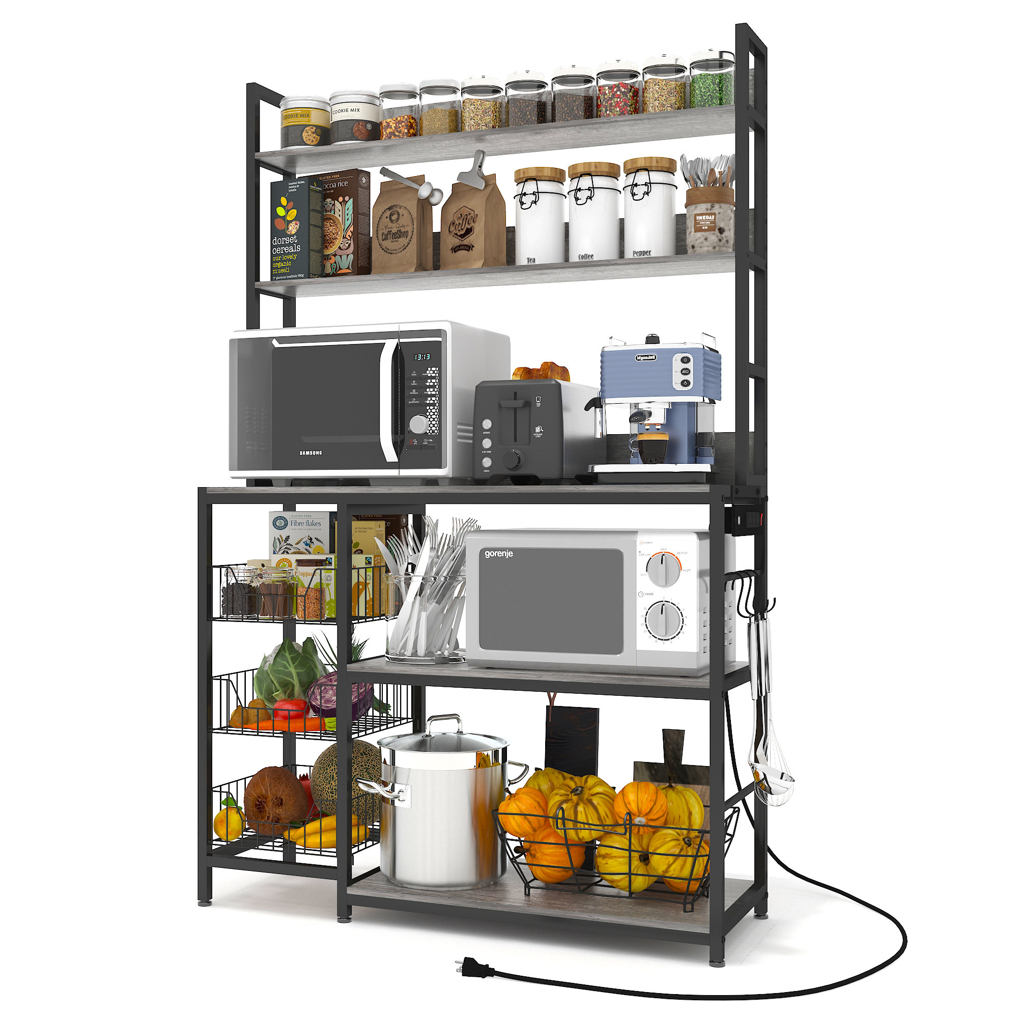 17 Stories Kitchen Bakers Rack With 3 Wire Baskets And Power Outlets ...