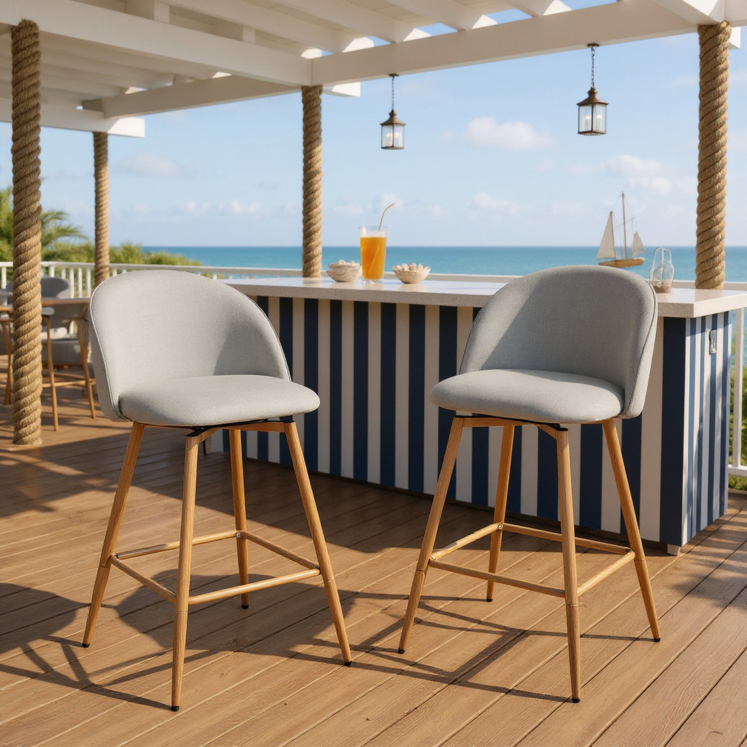 George Oliver Outdoor Counter Stools Upholstered Fabric with Oak Legs ...