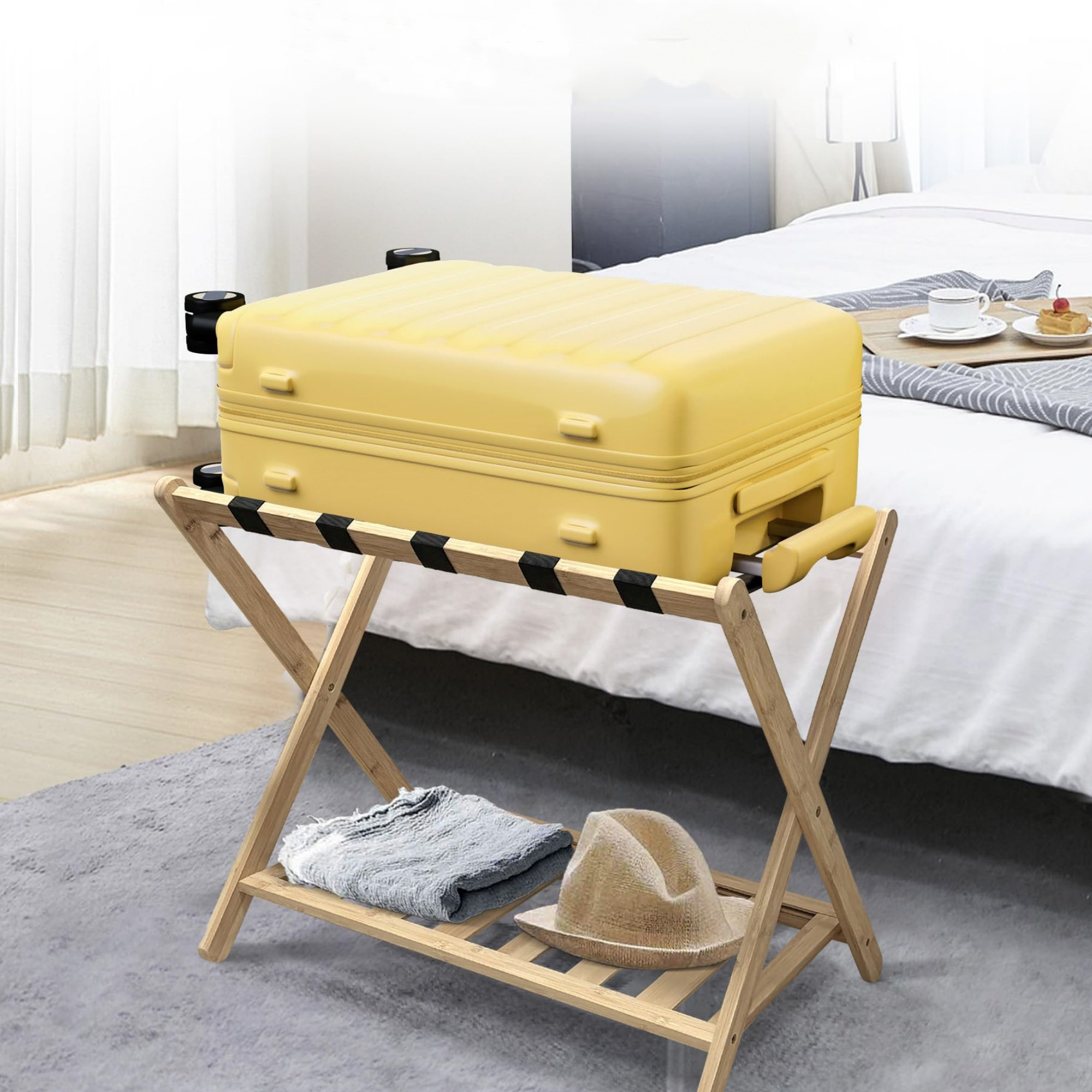 IFBECT Luggage Rack Natural bamboo suitcase stand foldable with 2 ...